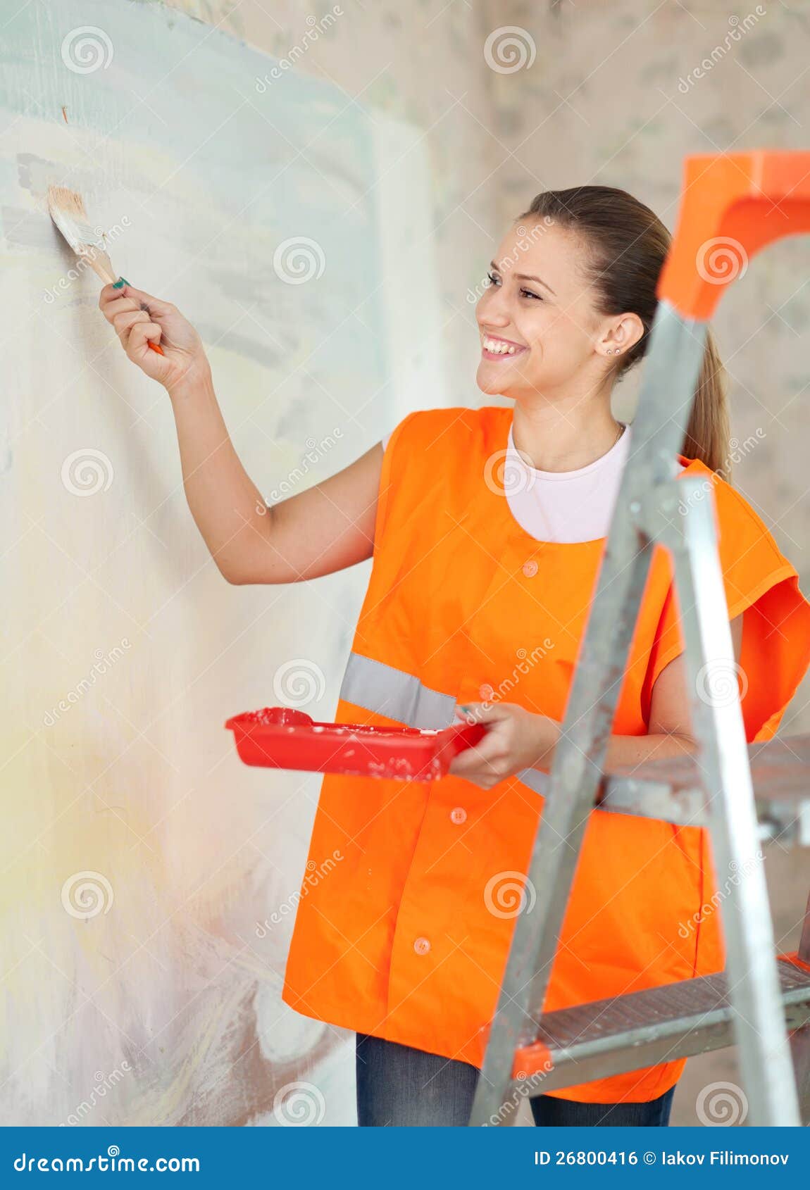 Female House Painter Paints Wall Stock Photo - Image of flat ...