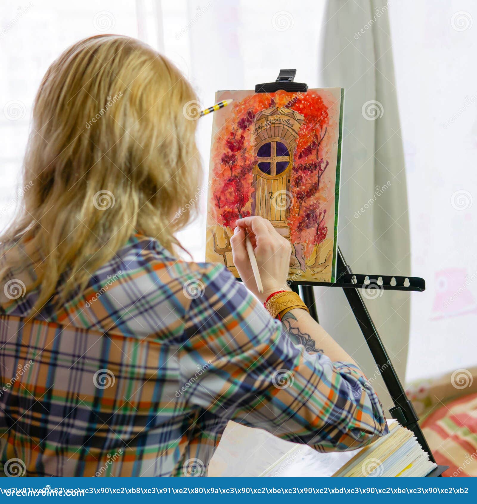 Female Illustrator Completes Image Stock Photo - Image of draws ...