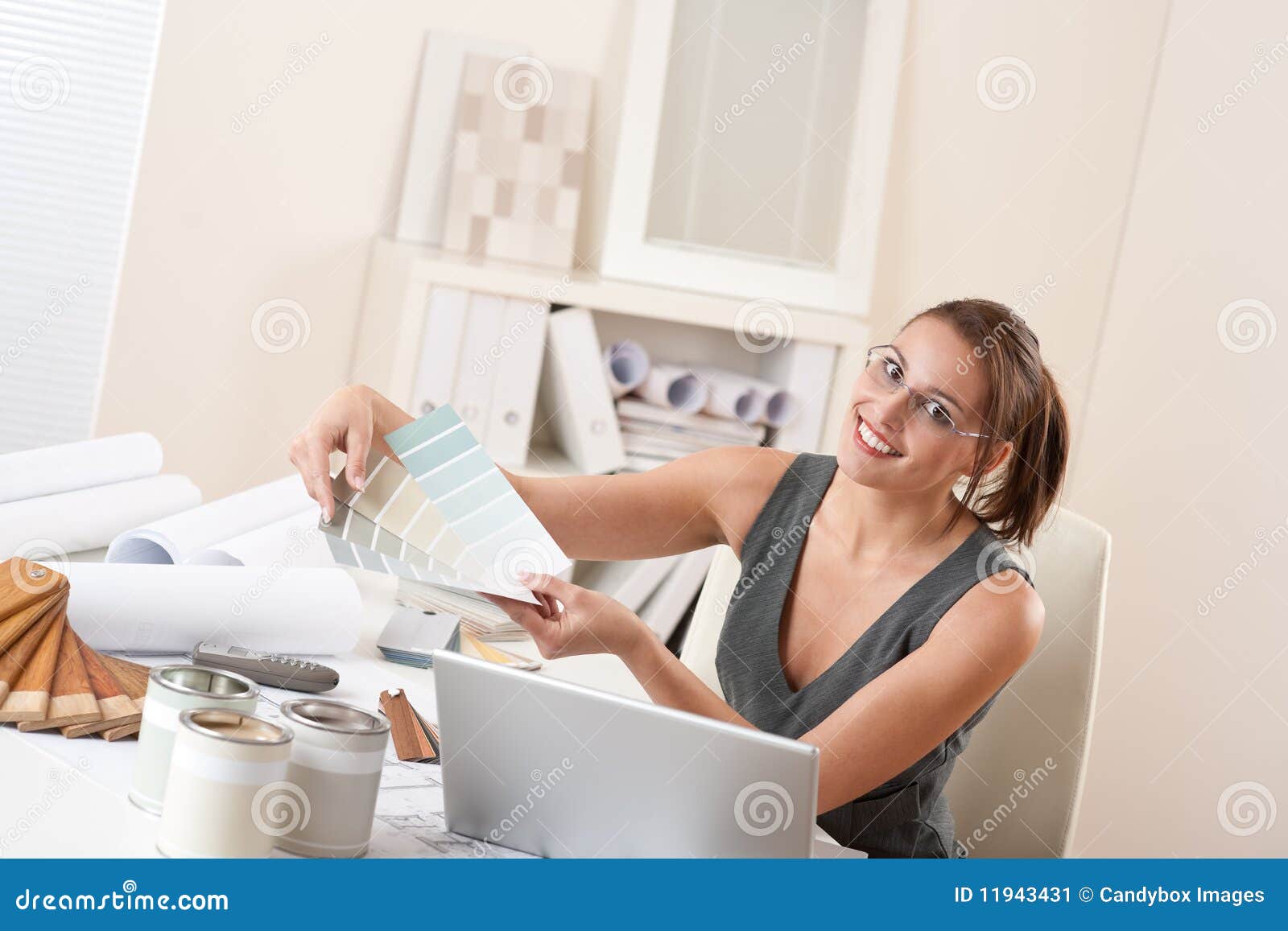 Female Interior Designer Working at Office Stock Image - Image of ...