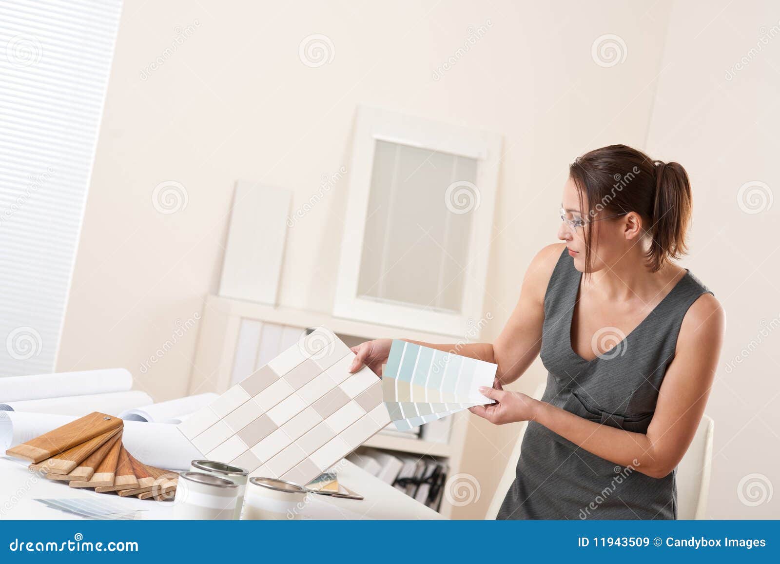 Female Interior Designer Working at Office Stock Image - Image of table ...