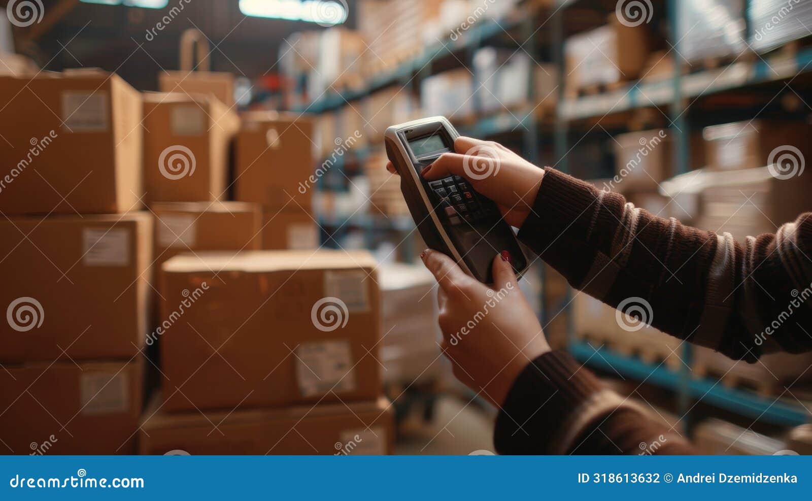 Female Inventory Manager Scans Cardboard Box with Barcode Scanner. Rows ...