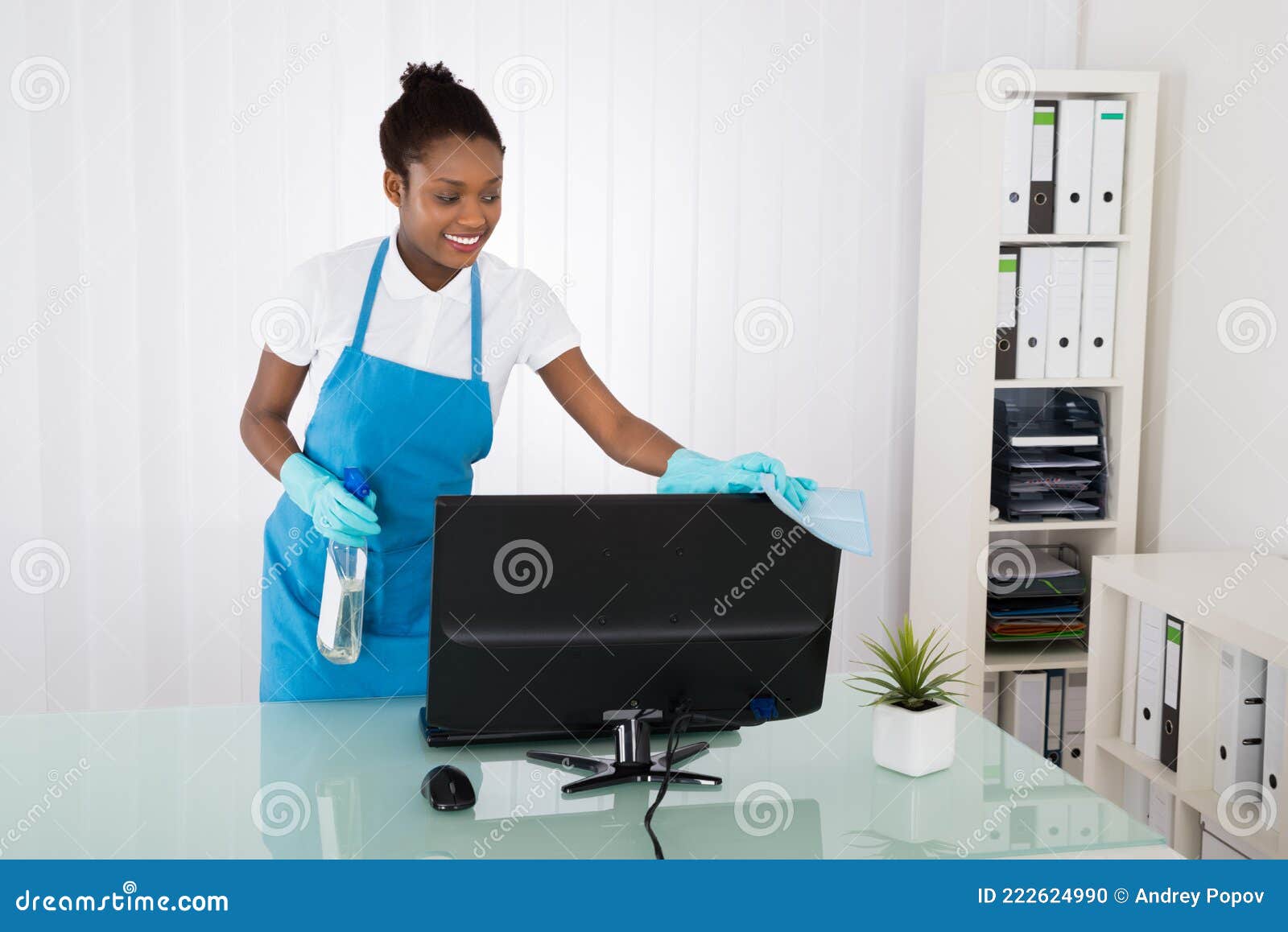 Female Janitor Cleaning Computer Stock Photo - Image of employment ...