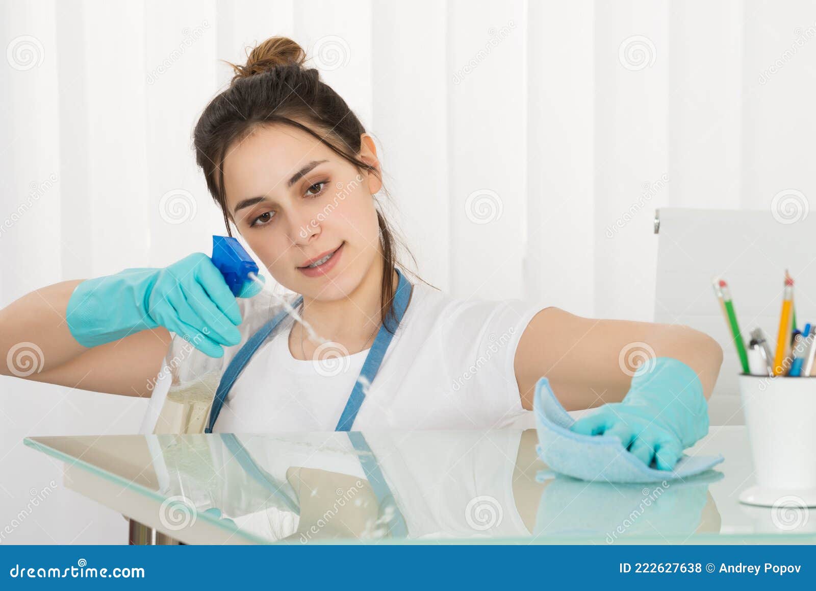 Female Janitor Cleaning Desk with Rag Stock Photo - Image of people ...