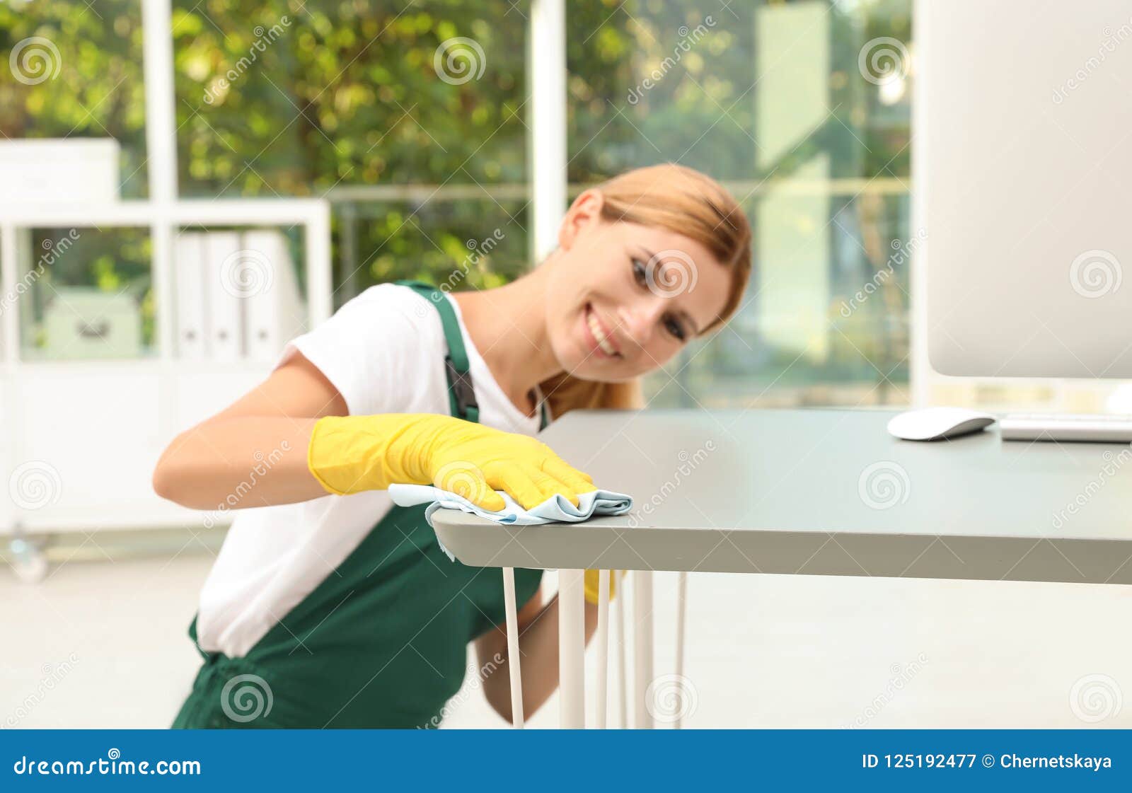Female Janitor Cleaning Table with Rag Stock Image - Image of company ...