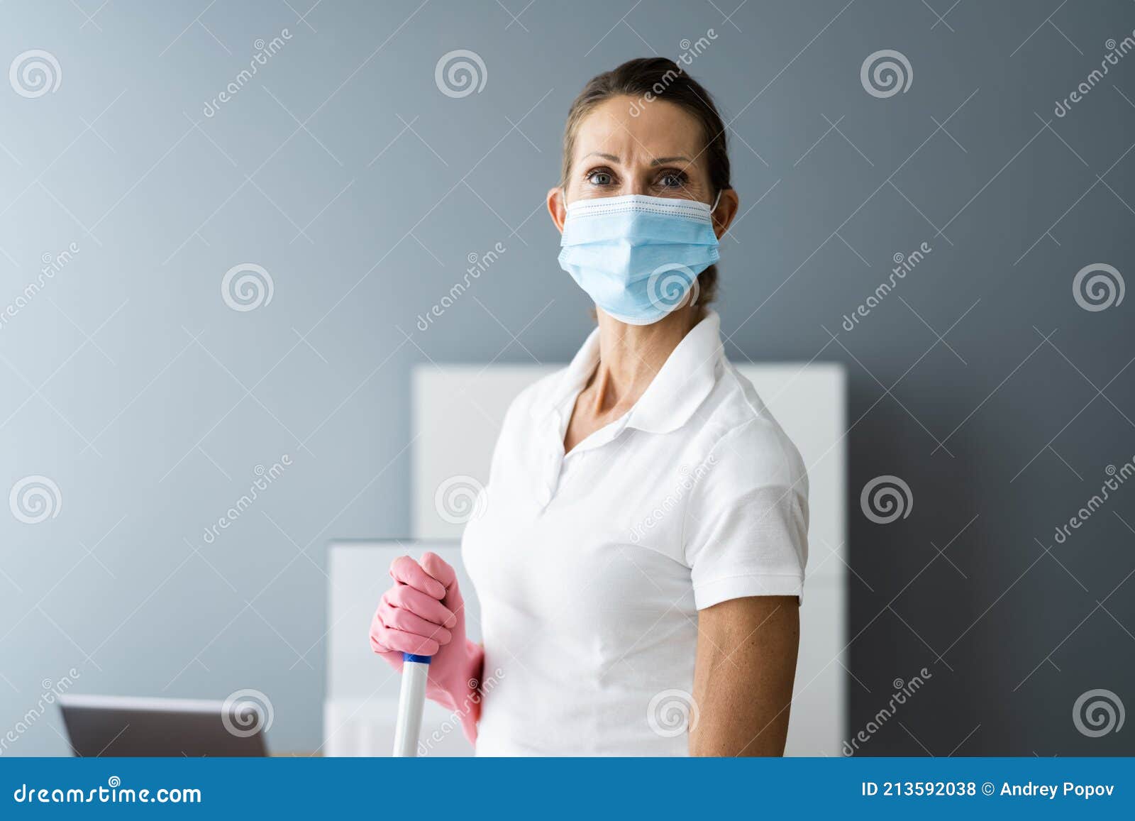Female Janitor Mopping Floor in Face Mask Stock Photo - Image of ...