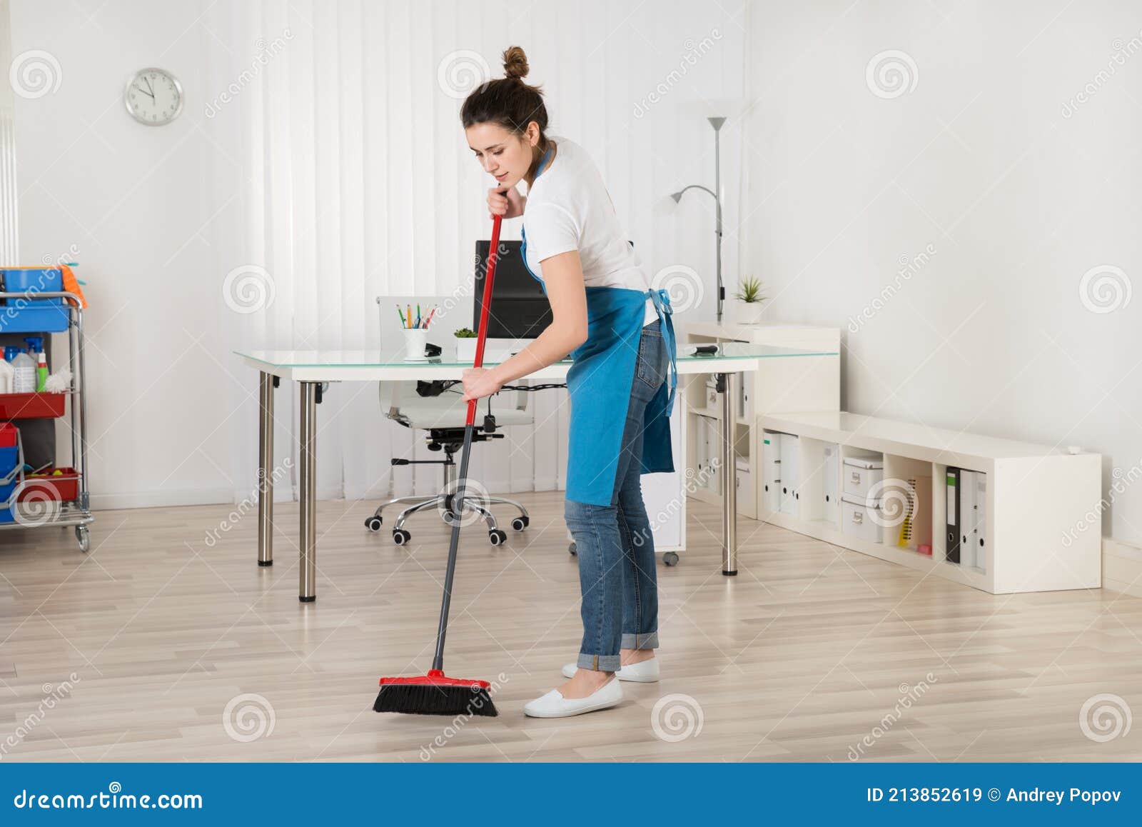 Female Janitor Sweeping Floor with Broom Stock Image - Image of ...