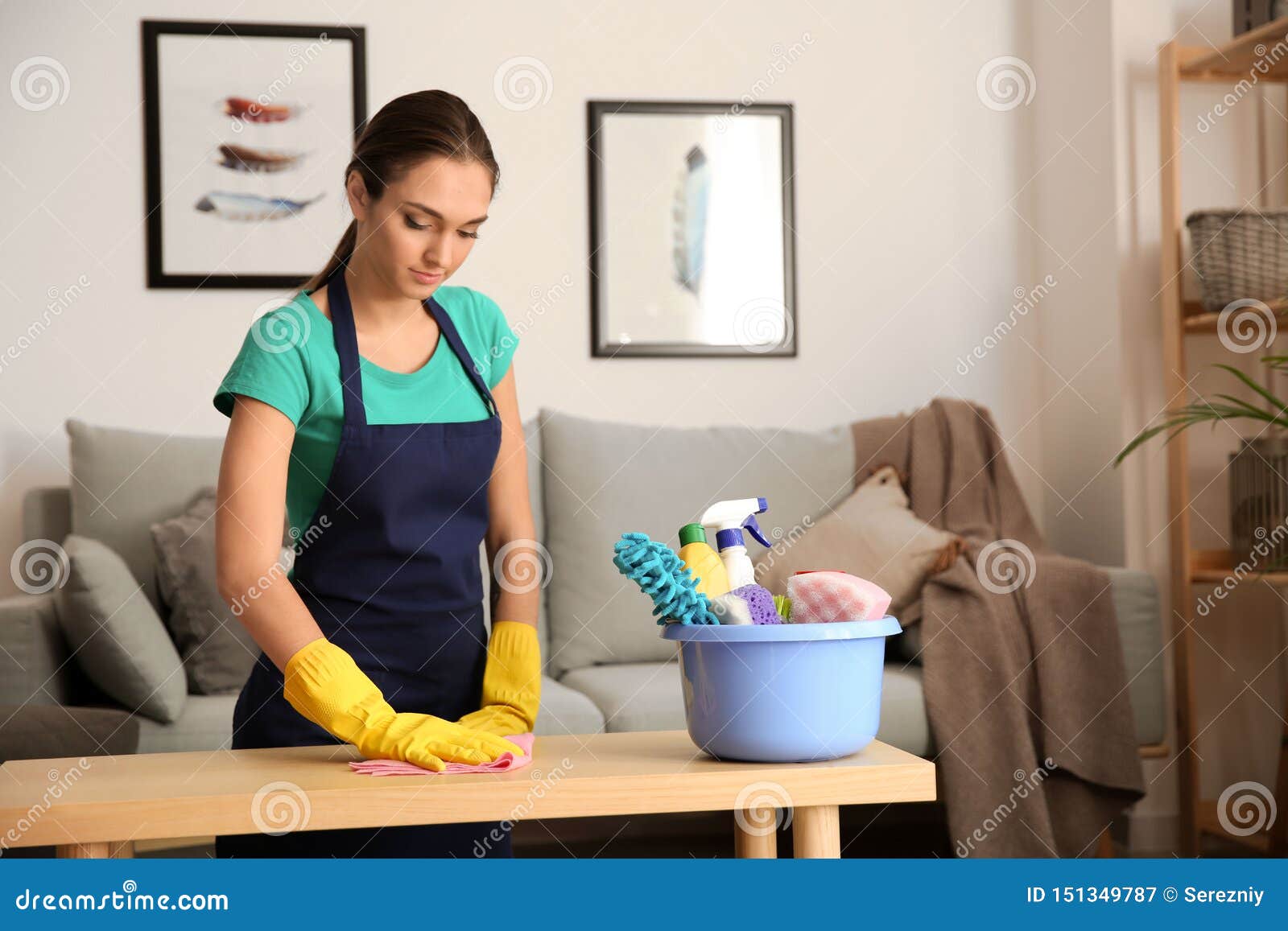 Female Janitor Wiping Table in Flat Stock Image - Image of people ...