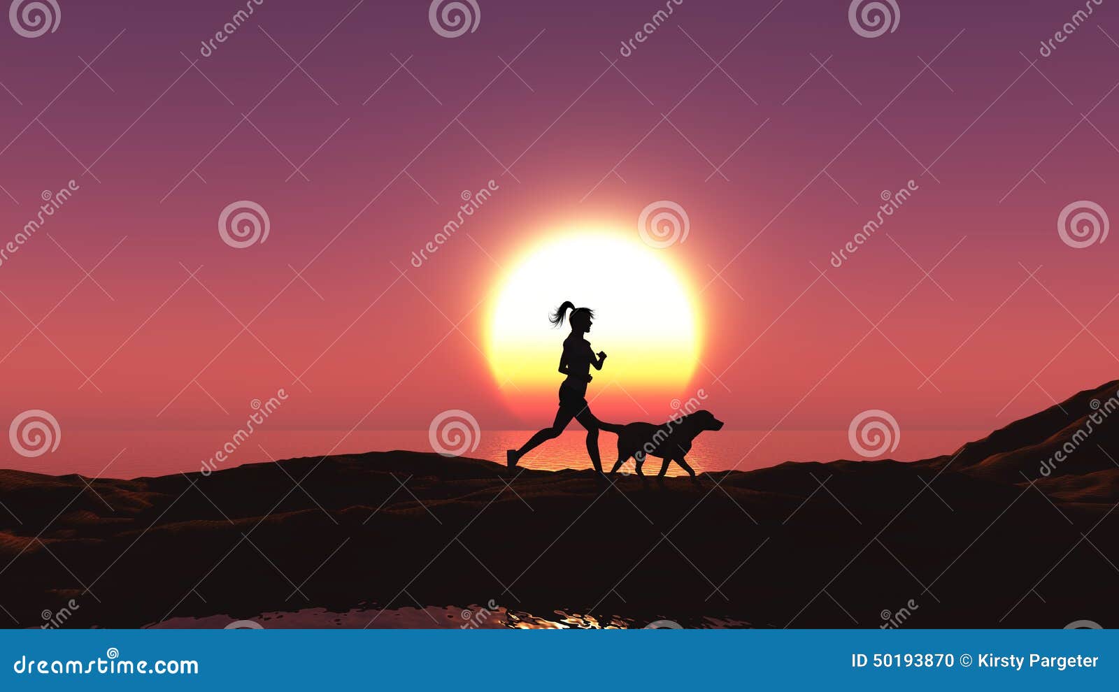 Female Jogging with Her Dog at Sunset Stock Illustration - Illustration ...