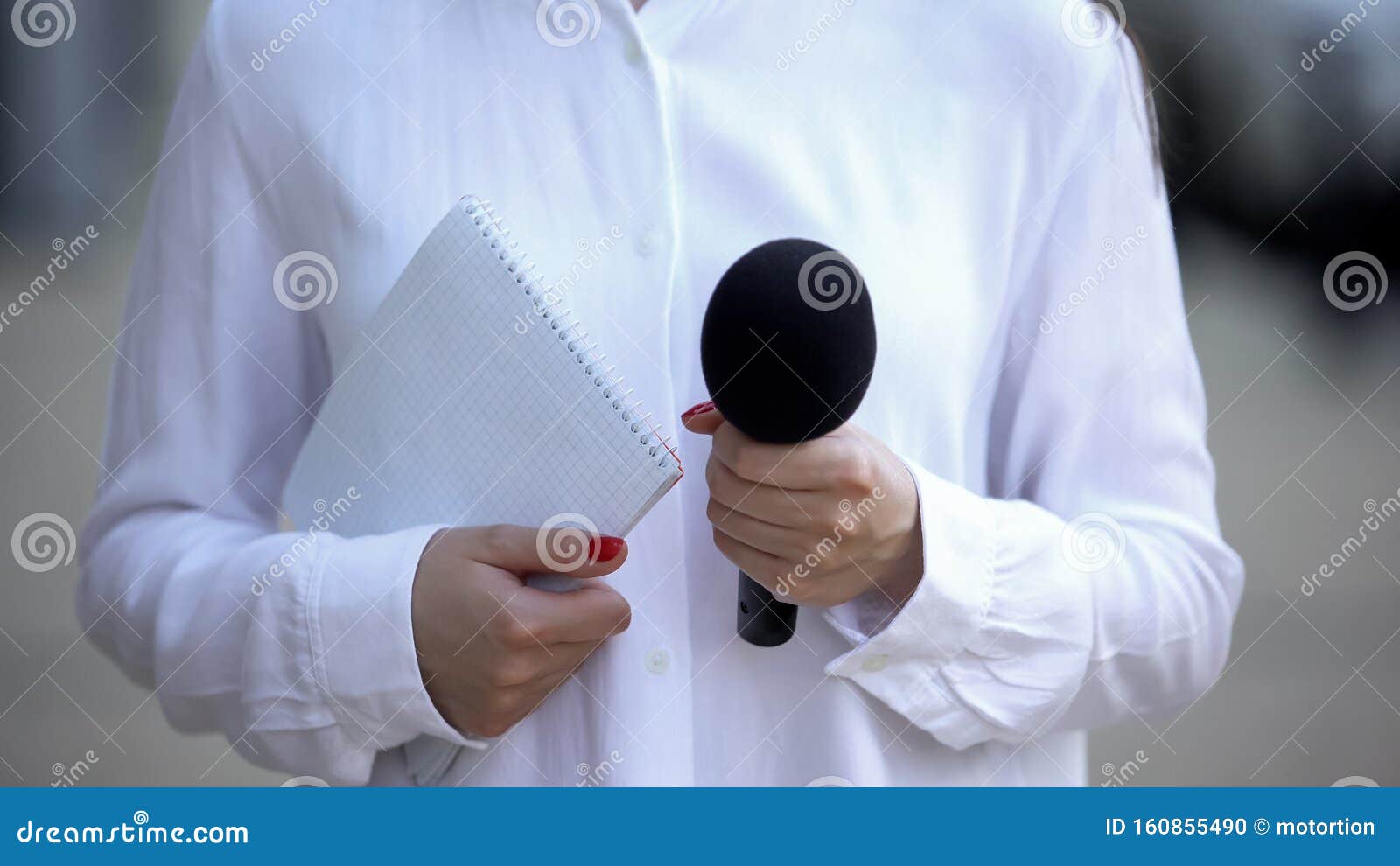 Female Journalist Holding Notebook and Microphone, Preparing for ...