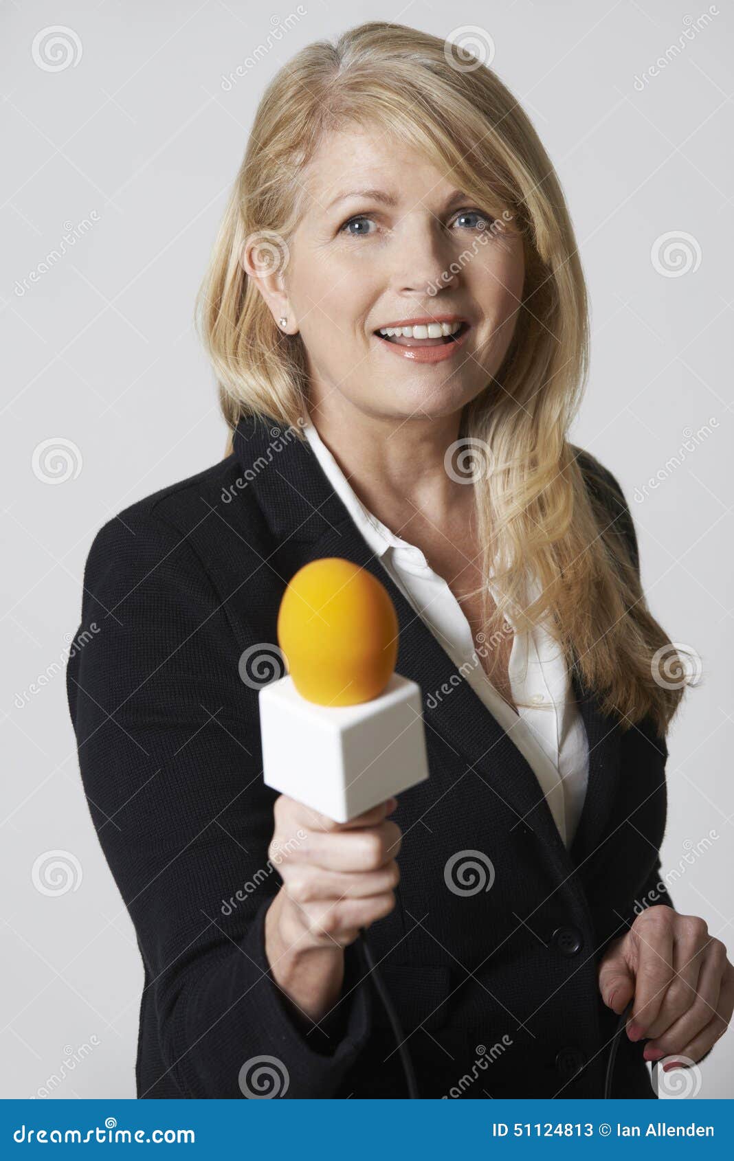 Female Journalist with Microphone on White Background Stock Image ...