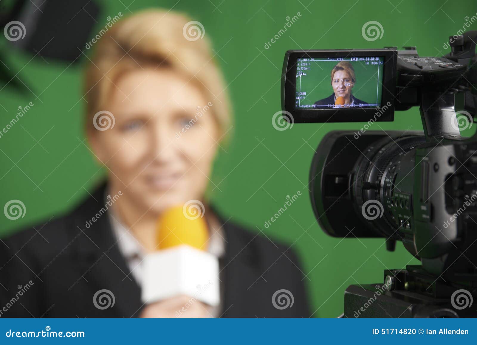 Female Journalist Presenting Report in Television Studio Stock Photo ...