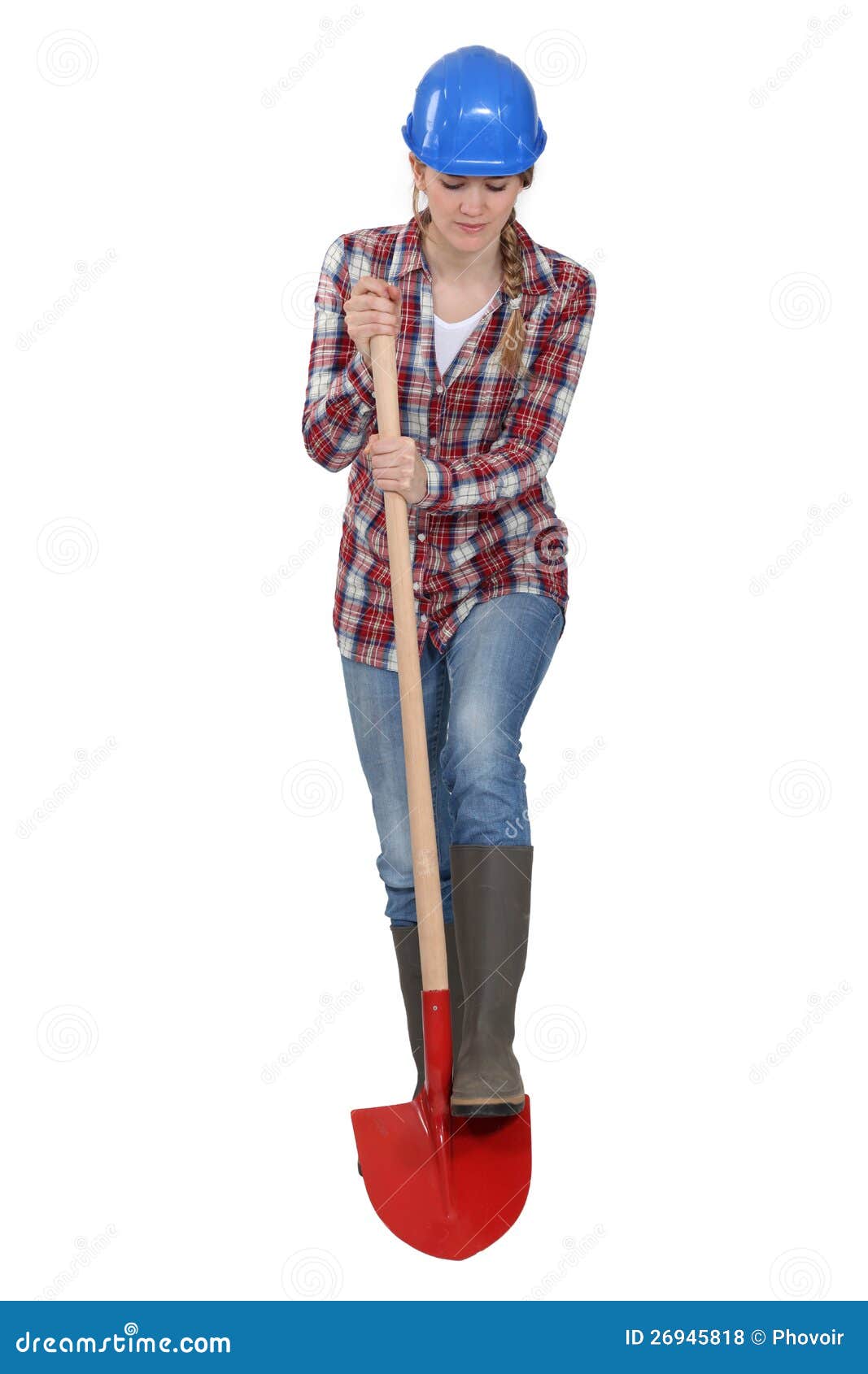 Female Laborer Digging with Shovel Stock Photo - Image of helmet ...