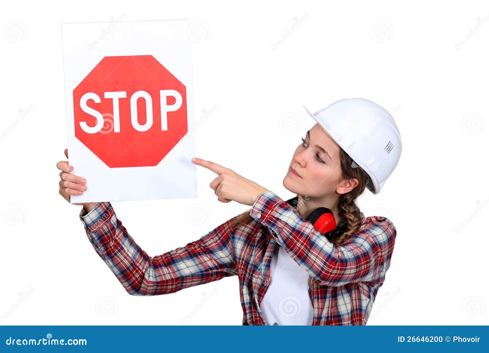 Female Laborer Pointing Stop Sign Stock Photo - Image of employment ...