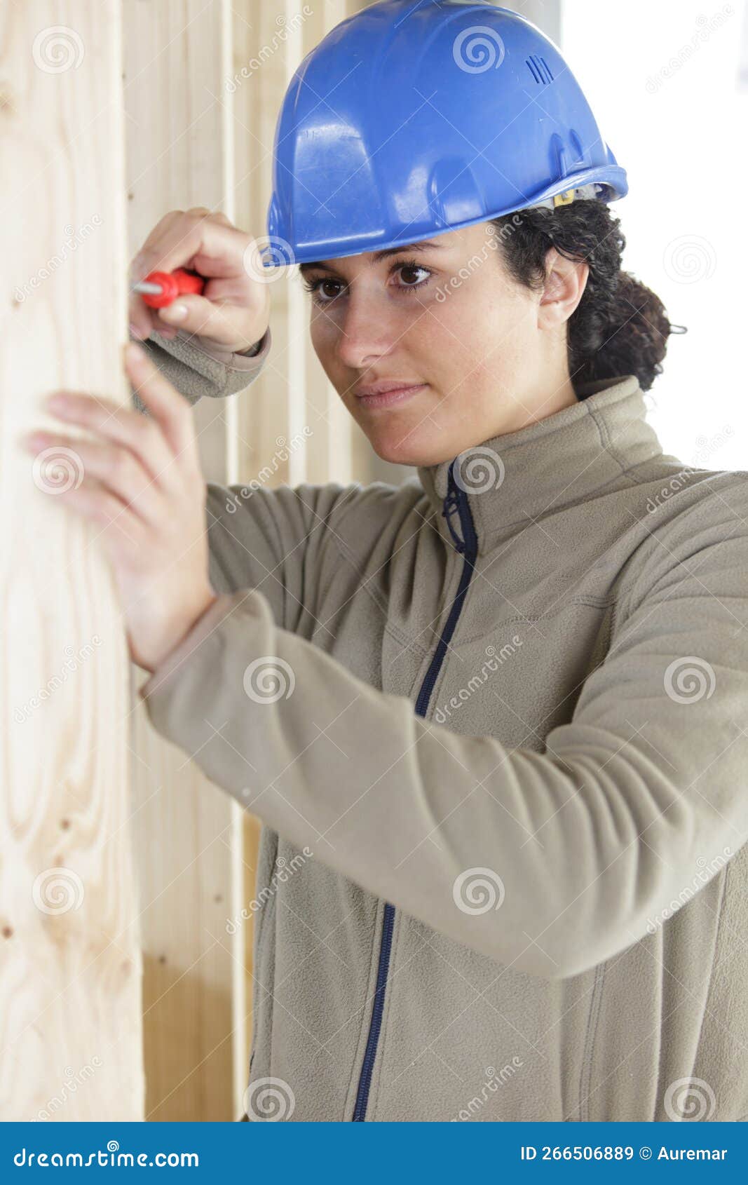 Female Labourer Using Screwdriver on Wood Panel Stock Image - Image of ...