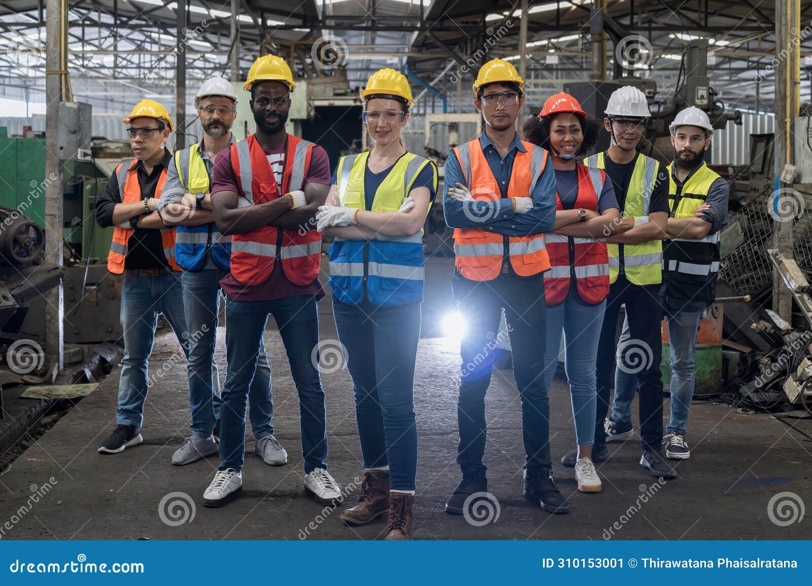 Female Leader. Team Workers and Workers are Standing in the Factory ...