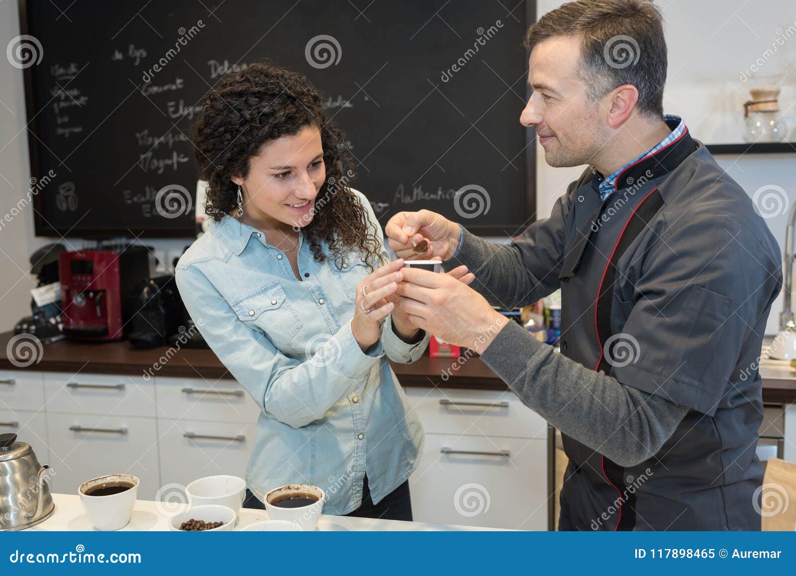 Female Learning To Make Coffee at Work Stock Image - Image of latte ...