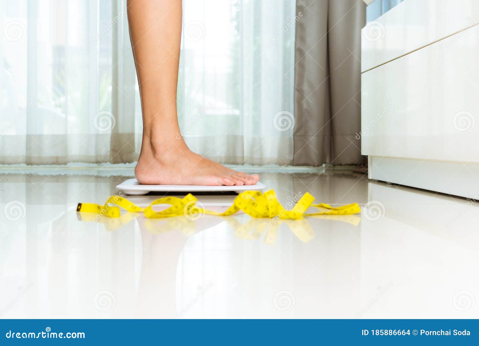 Female Leg is Standing on White Scales at Home Stock Photo - Image of ...