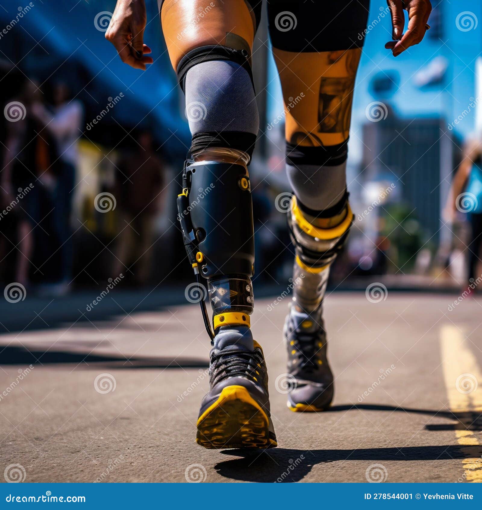 Female Legs with Bionic Prosthesis Walking Down the Street. Generative ...