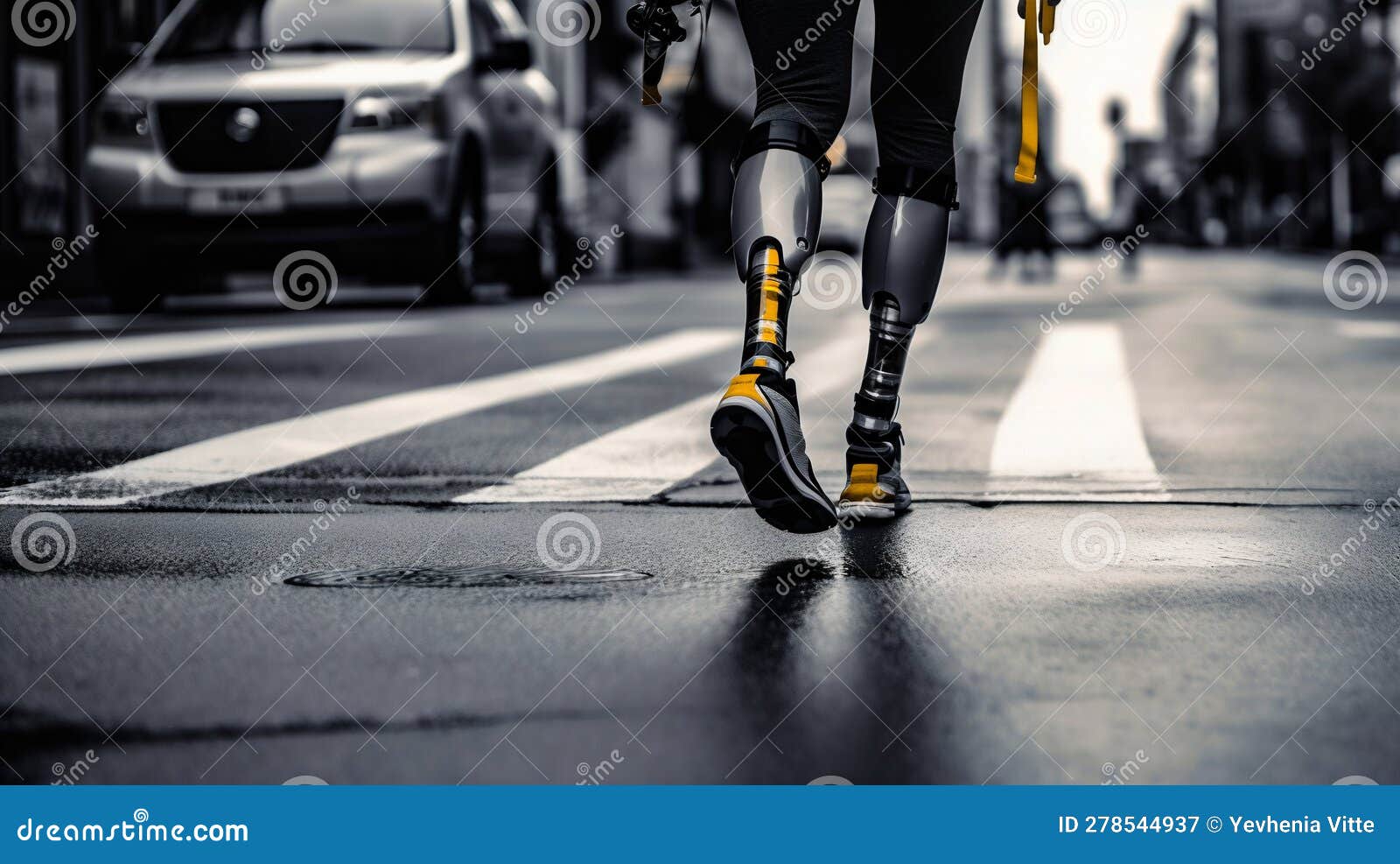 Female Legs with Bionic Prosthesis Walking Down the Street. Generative ...