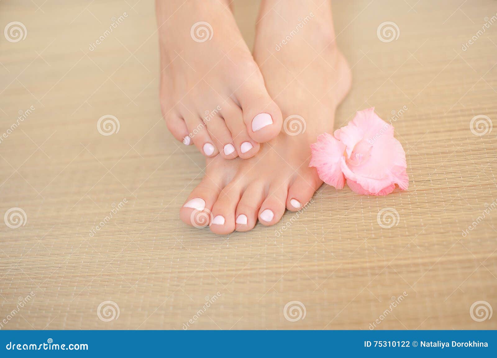 Female Legs with Light Pink Nails and Flower Stock Photo - Image of ...
