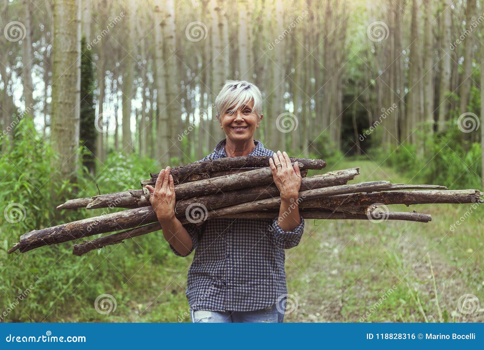 Female Lumberjack Carrying a Stack of Trunks Stock Photo - Image of ...
