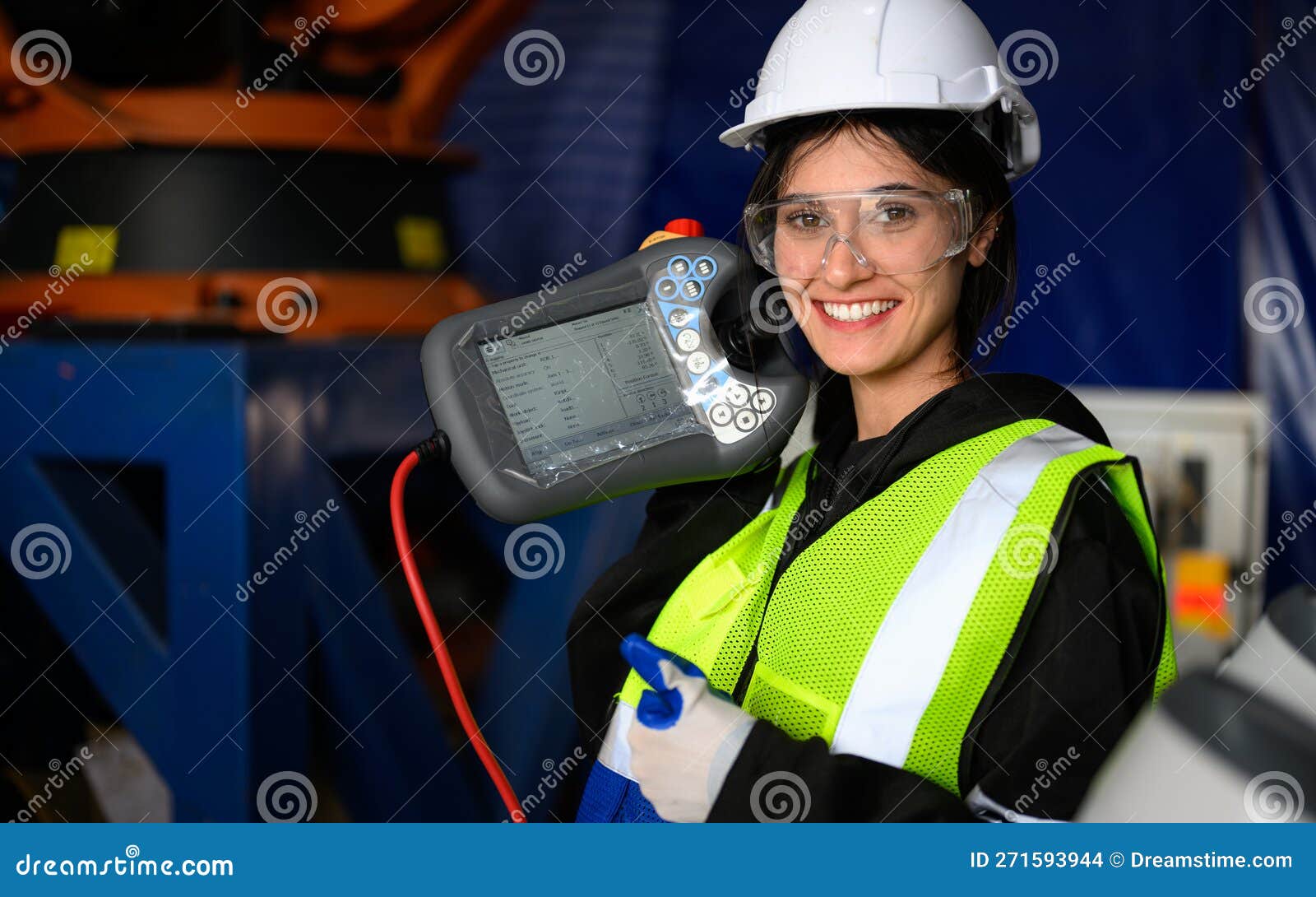 Female Maintenance Worker with Machine Robotic Arms at Industrial ...