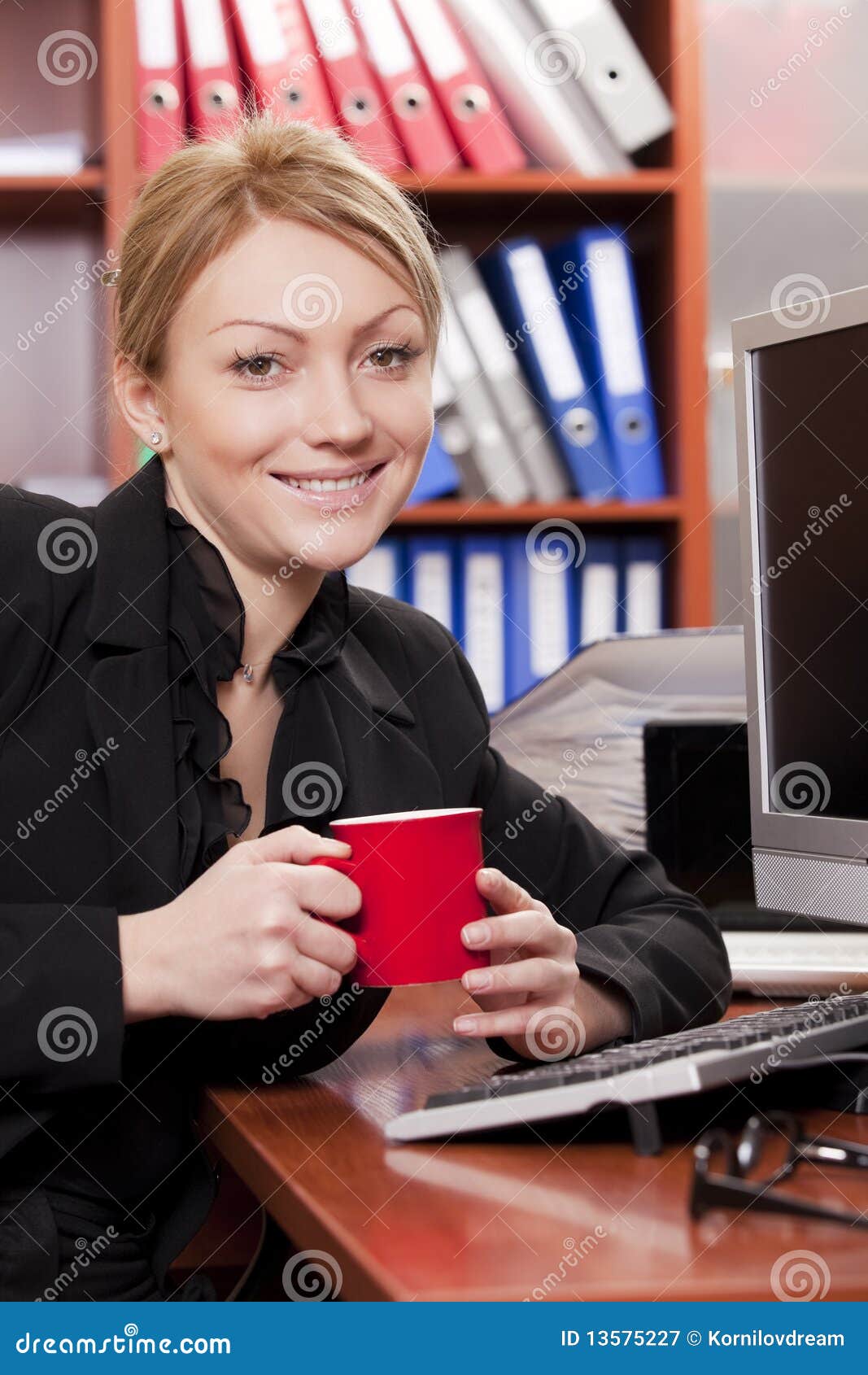 Female Manager with Coffee Cup Stock Image - Image of closeup, clerk ...