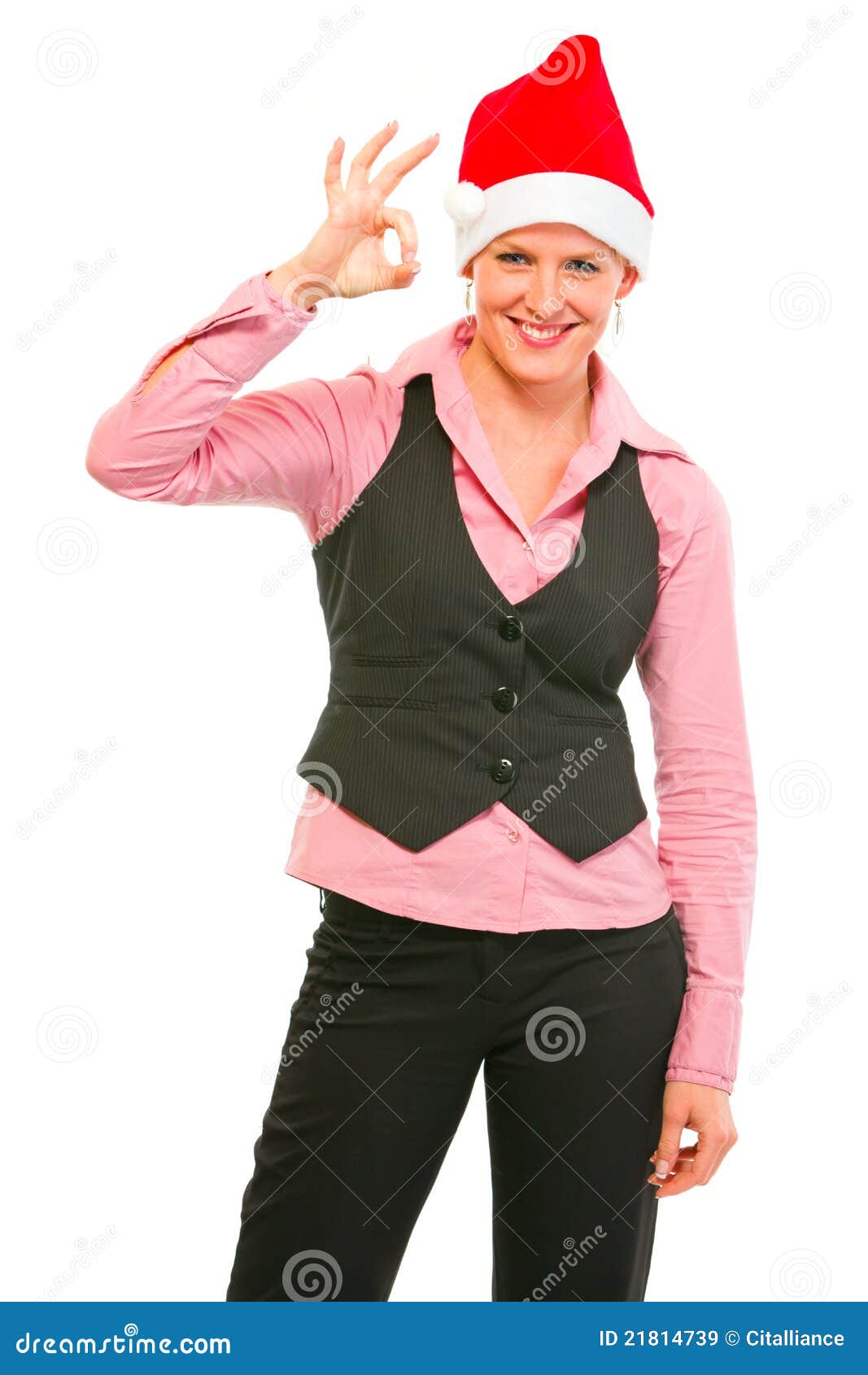 Female Manager in Santa Hat Showing Ok Gesture Stock Image - Image of ...