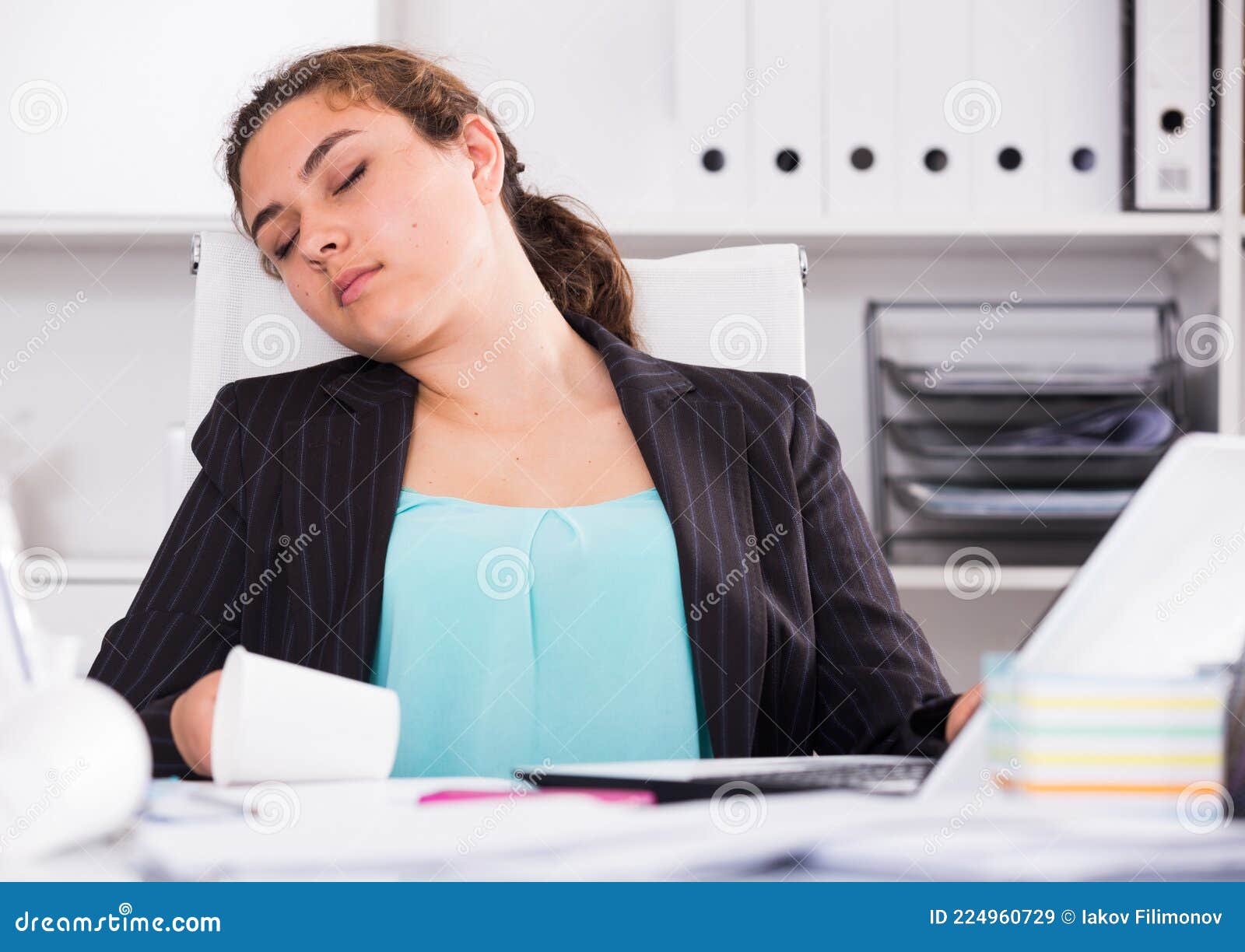 Female Manager is Sleeping at Work after Putting the Reports Stock ...