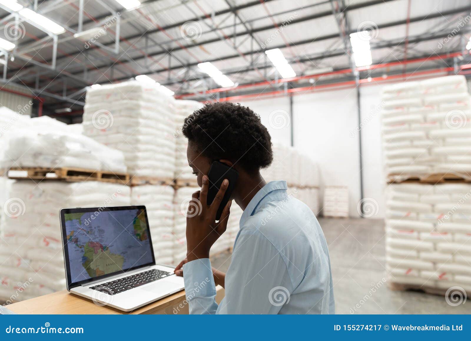 Female Manager Talking on Mobile Phone while Using Laptop at Desk in ...