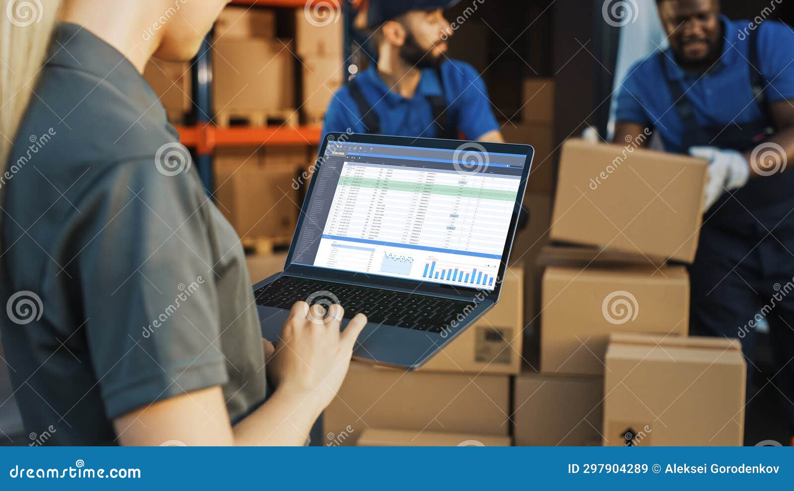 Female Manager Using Laptop Computer To Check Inventory. in the ...