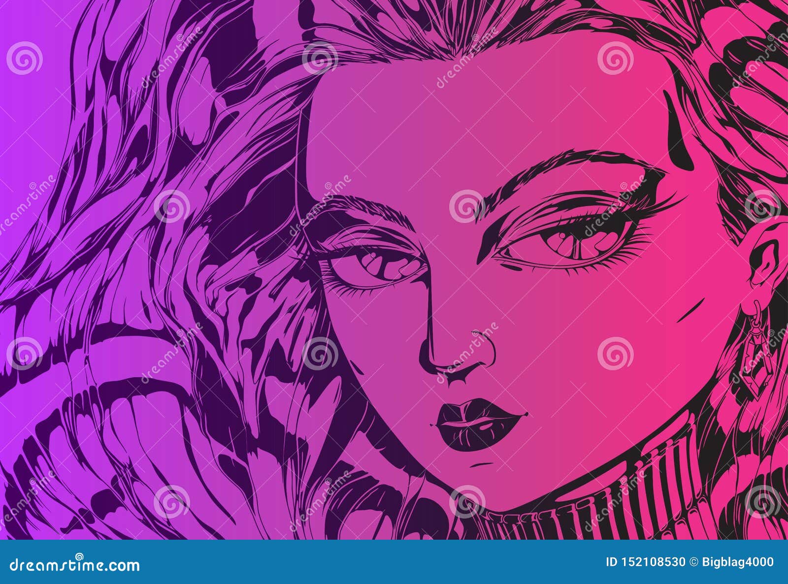 Female Manga Character On Magenta Violet Gradient Background. Royalty ...
