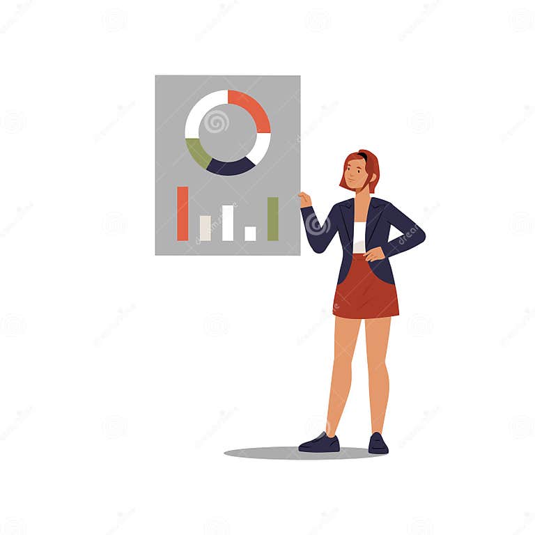 Female Marketer Presenting Business Analytics in Flat Vector Illustration Symbolizing Data ...
