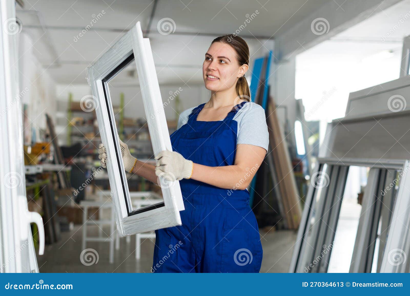 Female Master is Working with Window Frame Stock Image - Image of ...