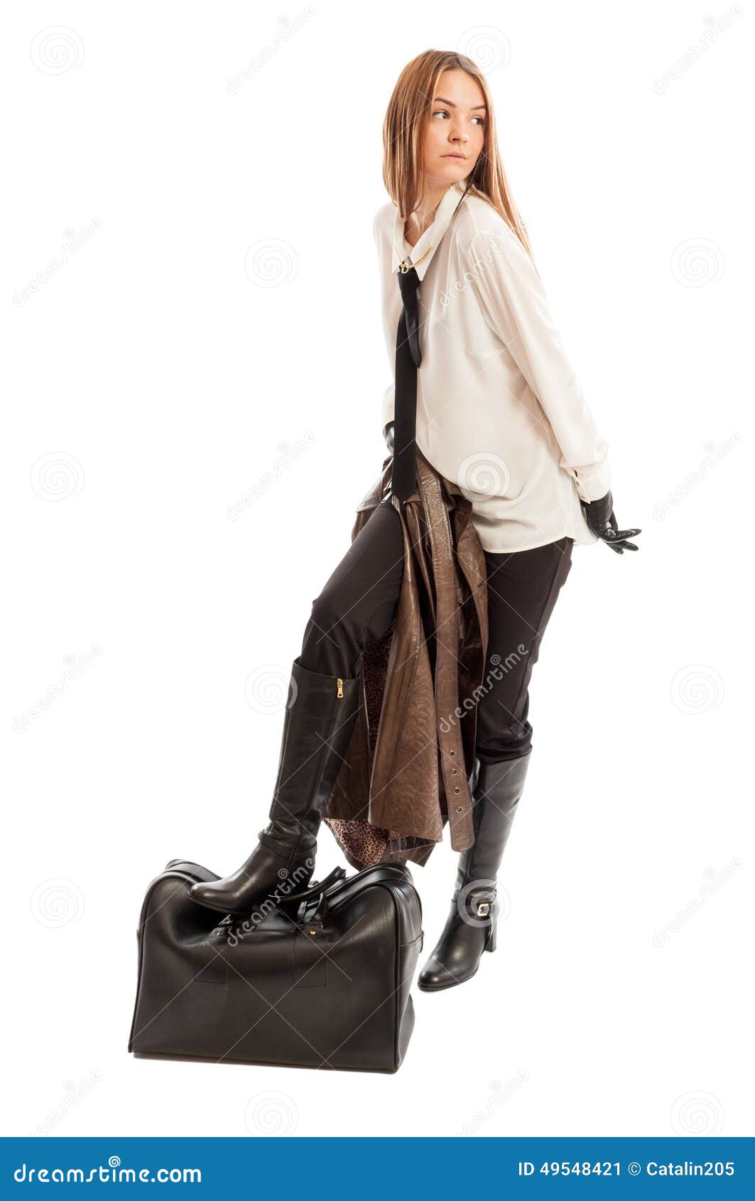 Female Model Stepping on Black Leather Bag Stock Image - Image of ...