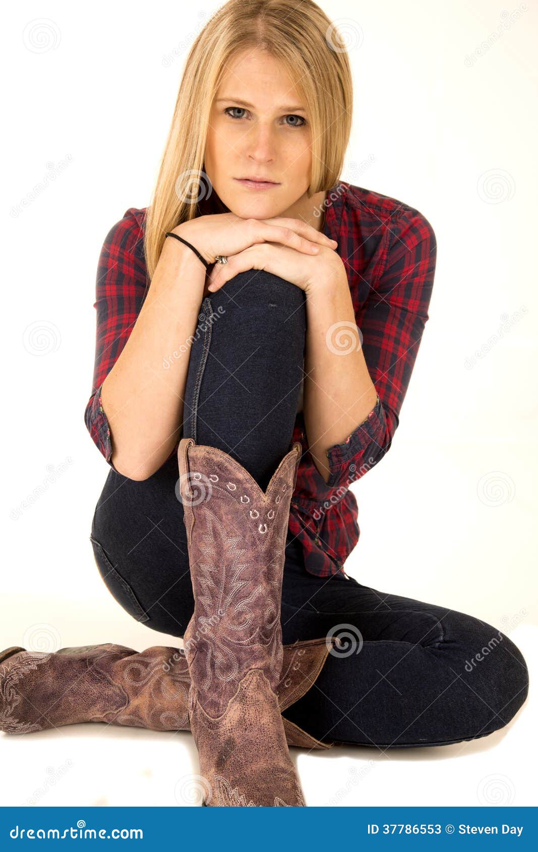 Female Model Wearing Cowboy Boots Hands on Knees Stock Image - Image of ...