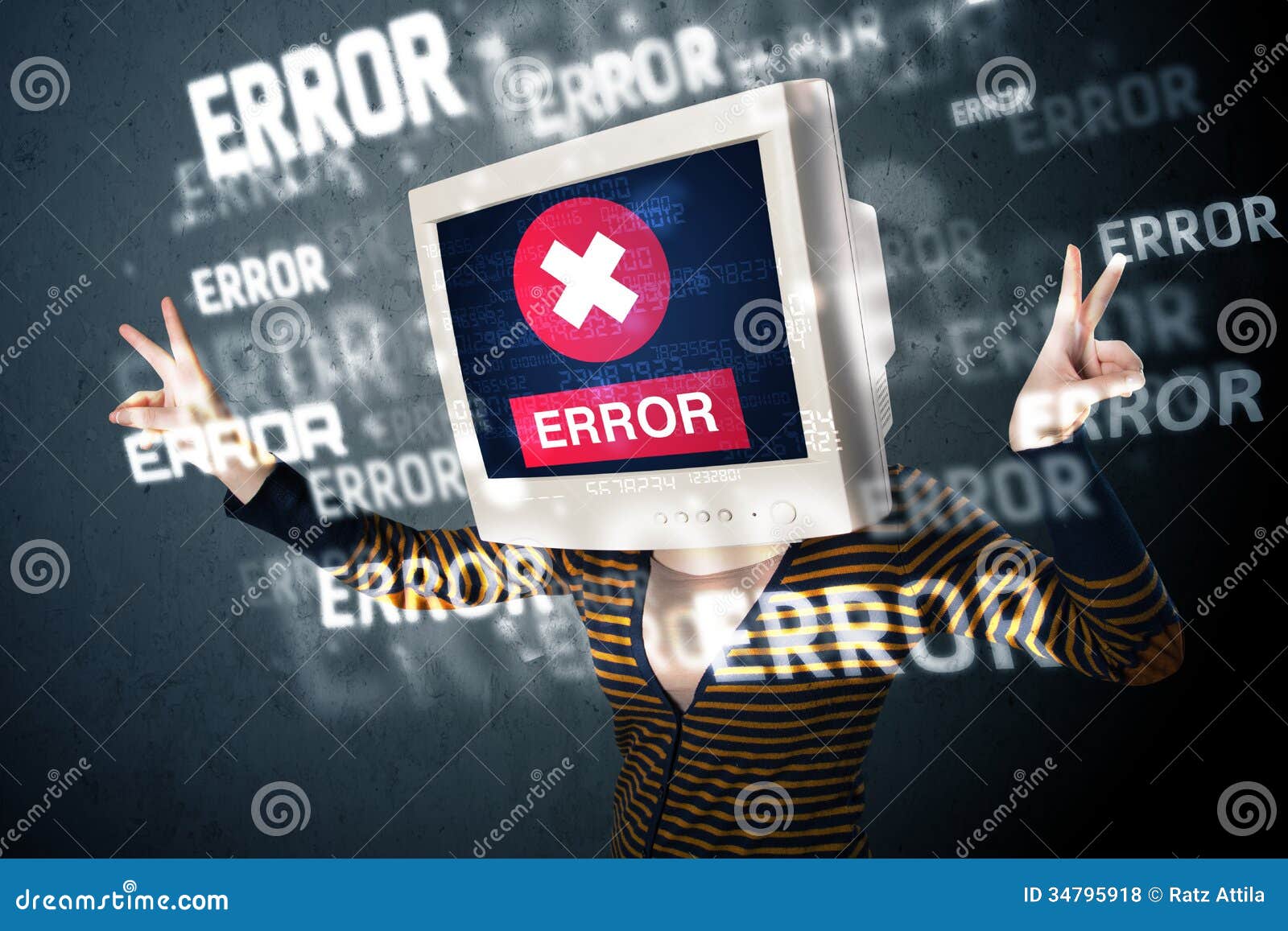 Female Monitor Head With Error Signs On The Display Screen Stock Photo ...