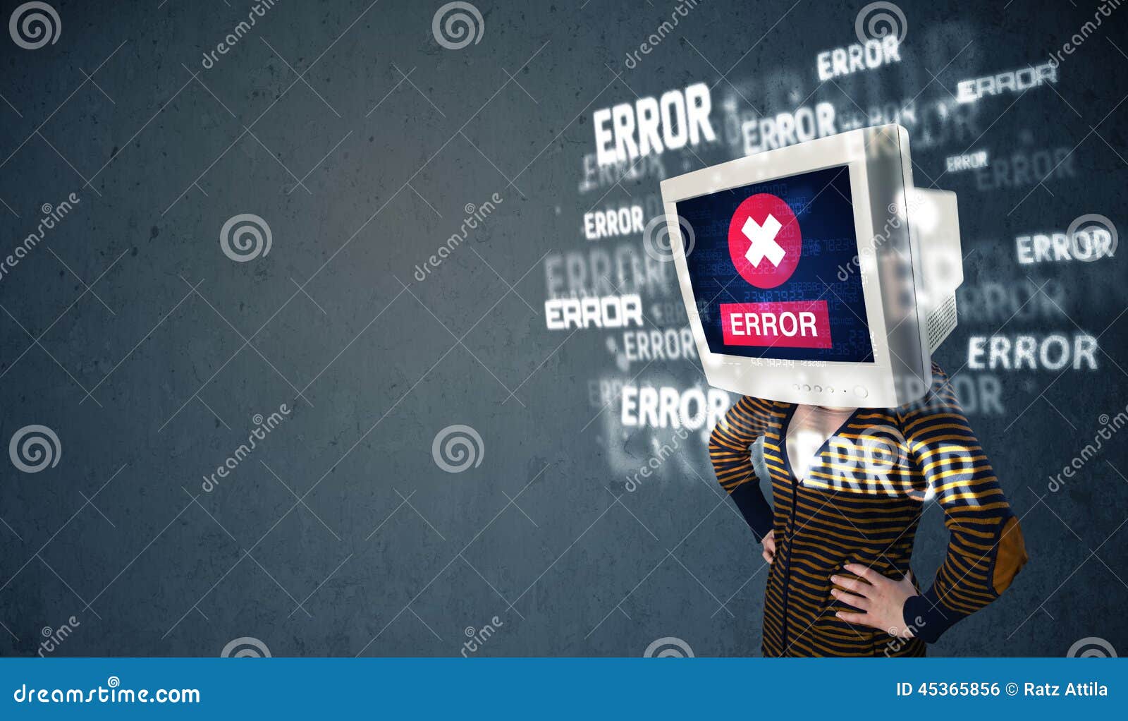 Female Monitor Head With Error Signs On The Display Screen Stock Photo ...