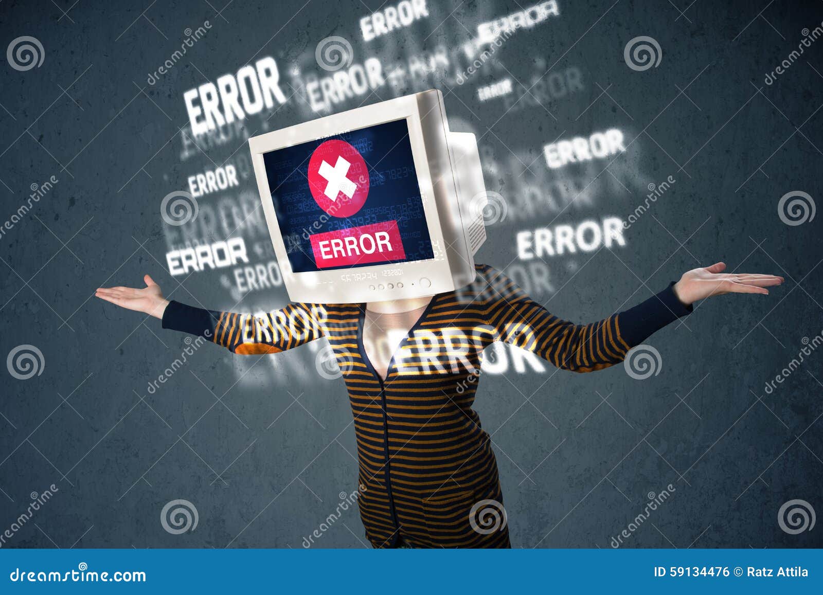 Female Monitor Head With Error Signs On The Display Screen Stock Photo ...