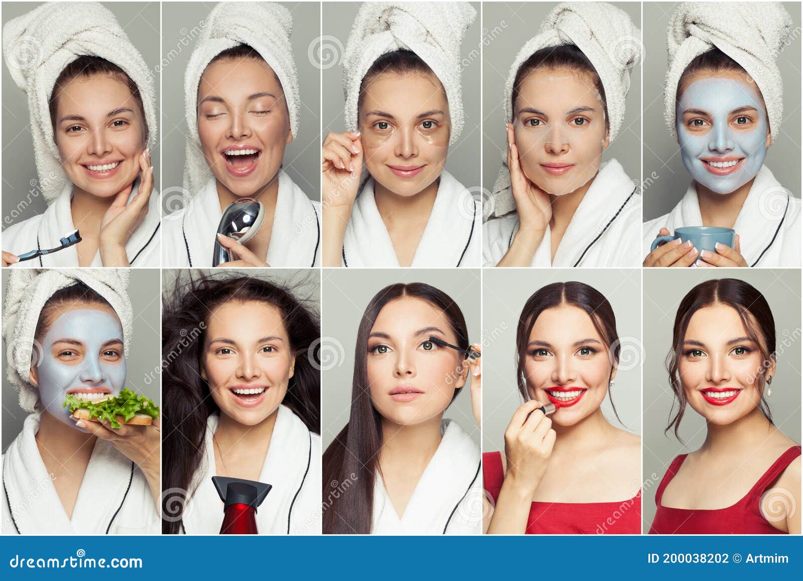 Female Morning Routine. Spa Woman Face Collage Set Stock Photo - Image ...