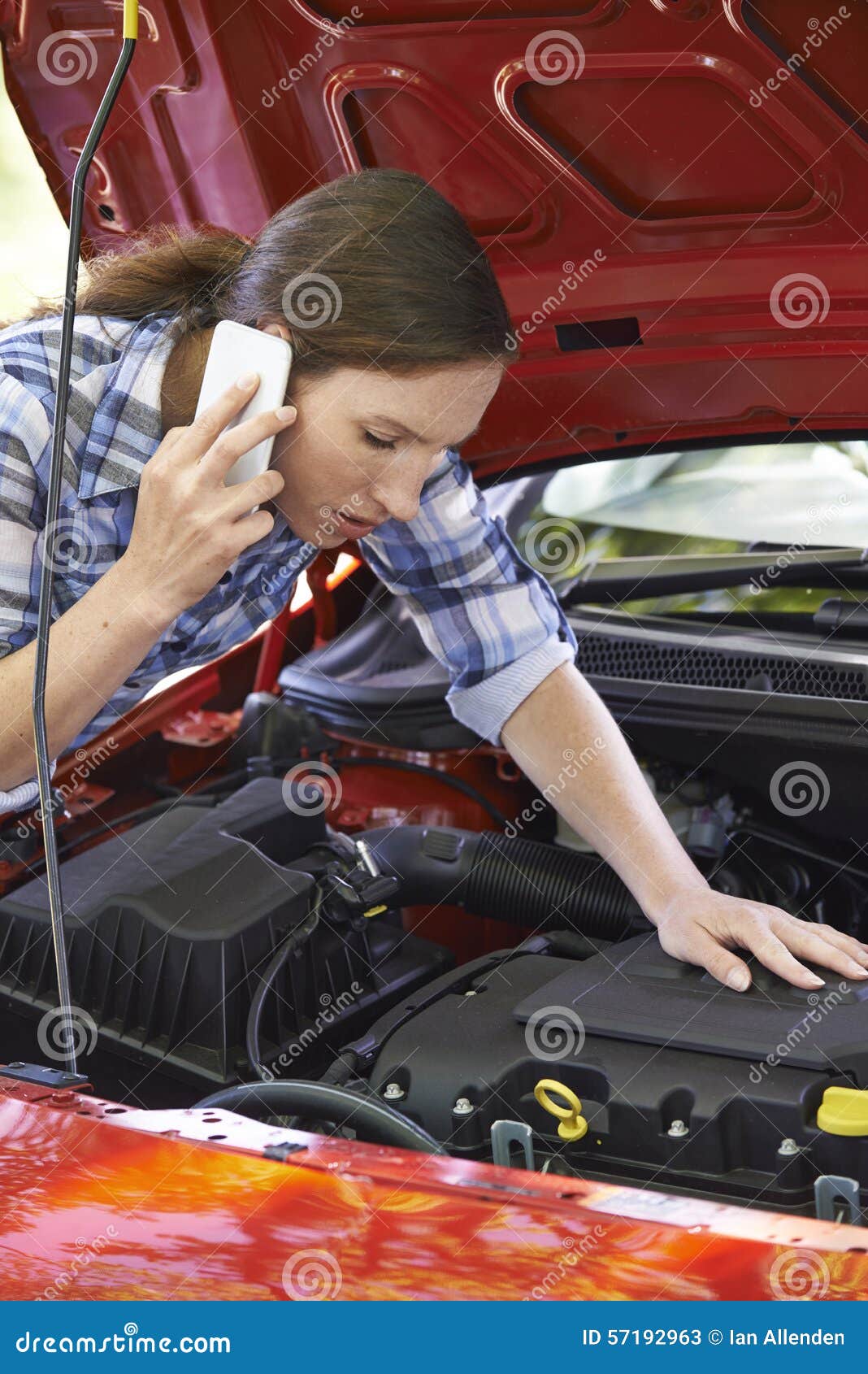 Female Motorist Phoning for Help after Breakdown Stock Image - Image of ...