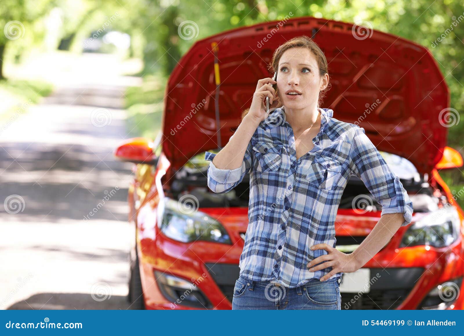 Female Motorist Phoning for Help after Breakdown Stock Image - Image of ...