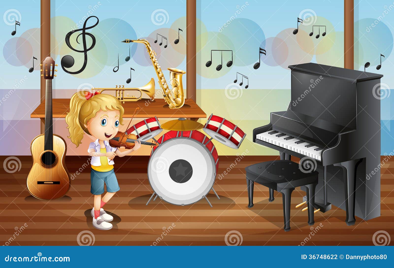 A Female Musician Inside the Room with Musical Instruments Stock Vector ...