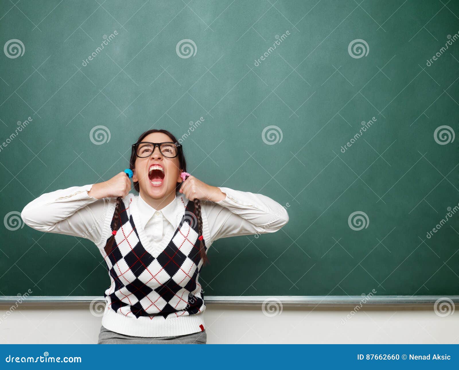 Female nerd yelling stock photo. Image of arms, front - 87662660