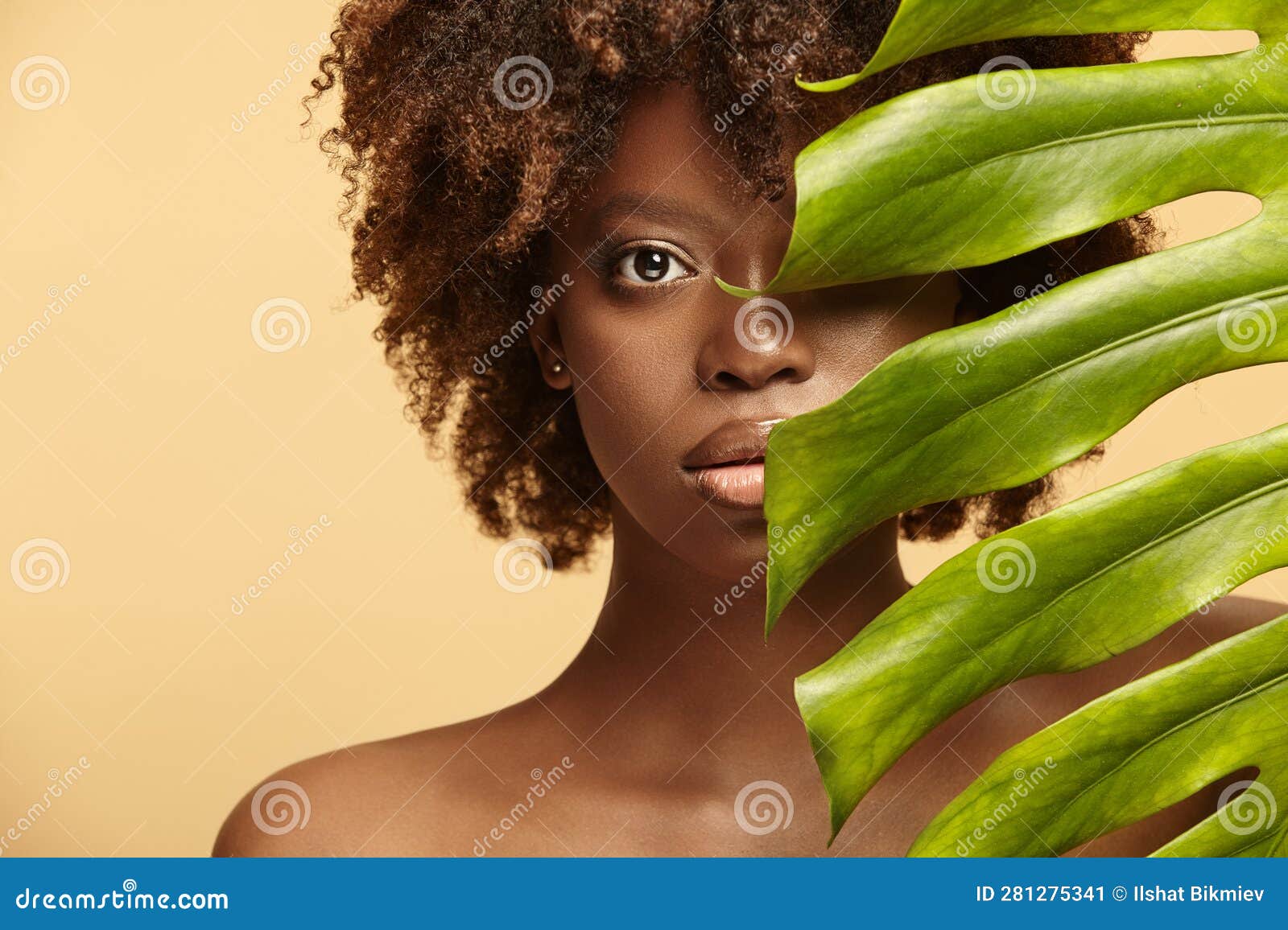 Female Nude Model Of African Ethnicity With Monstera Leaf Stock Image