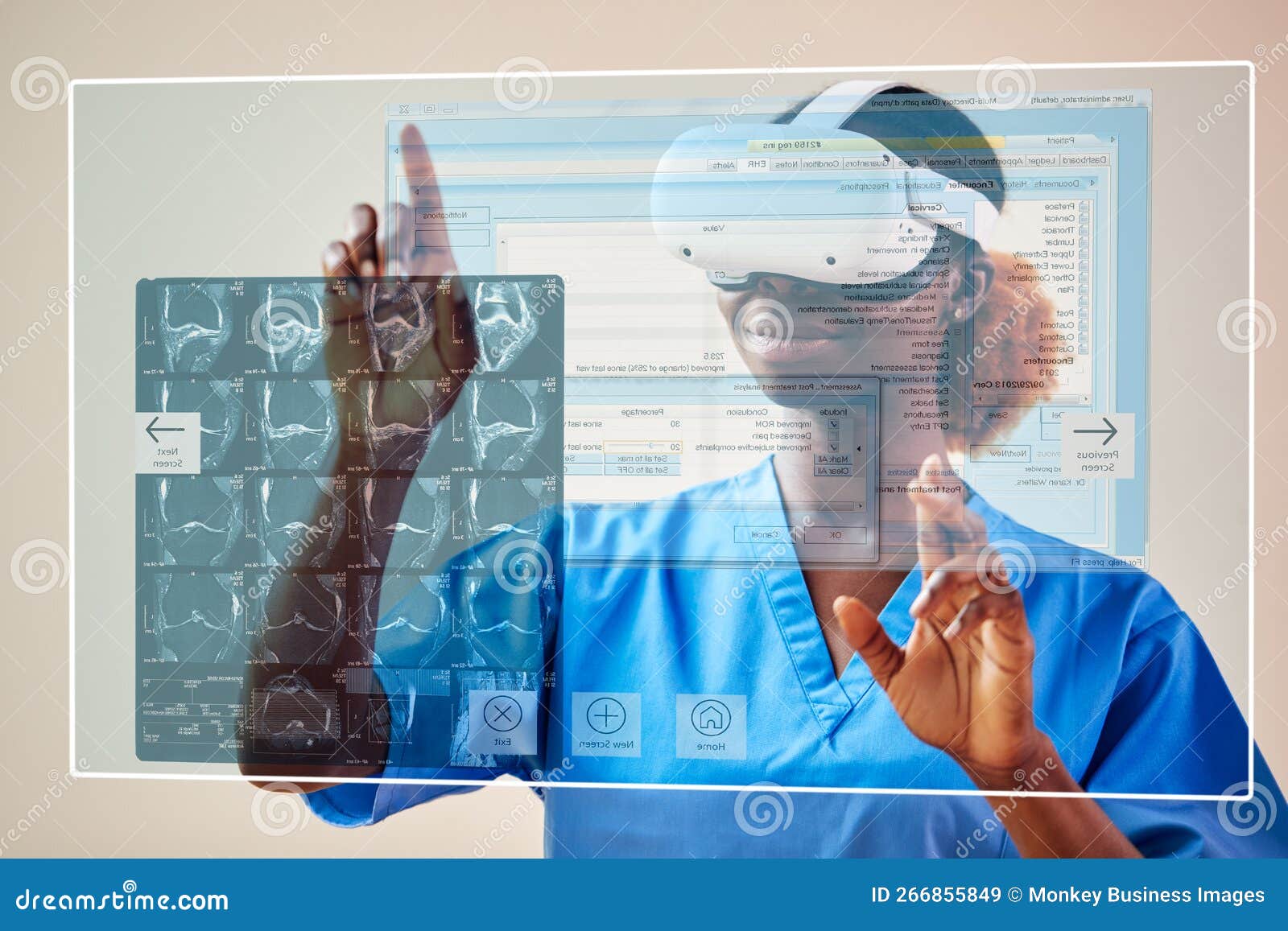 Female Nurse or Doctor in Scrubs with VR Headset Interacting with AR ...