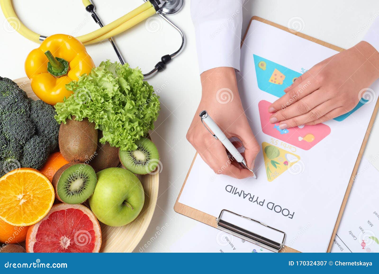 Female Nutritionist With Food Pyramid Chart At Table Stock Image