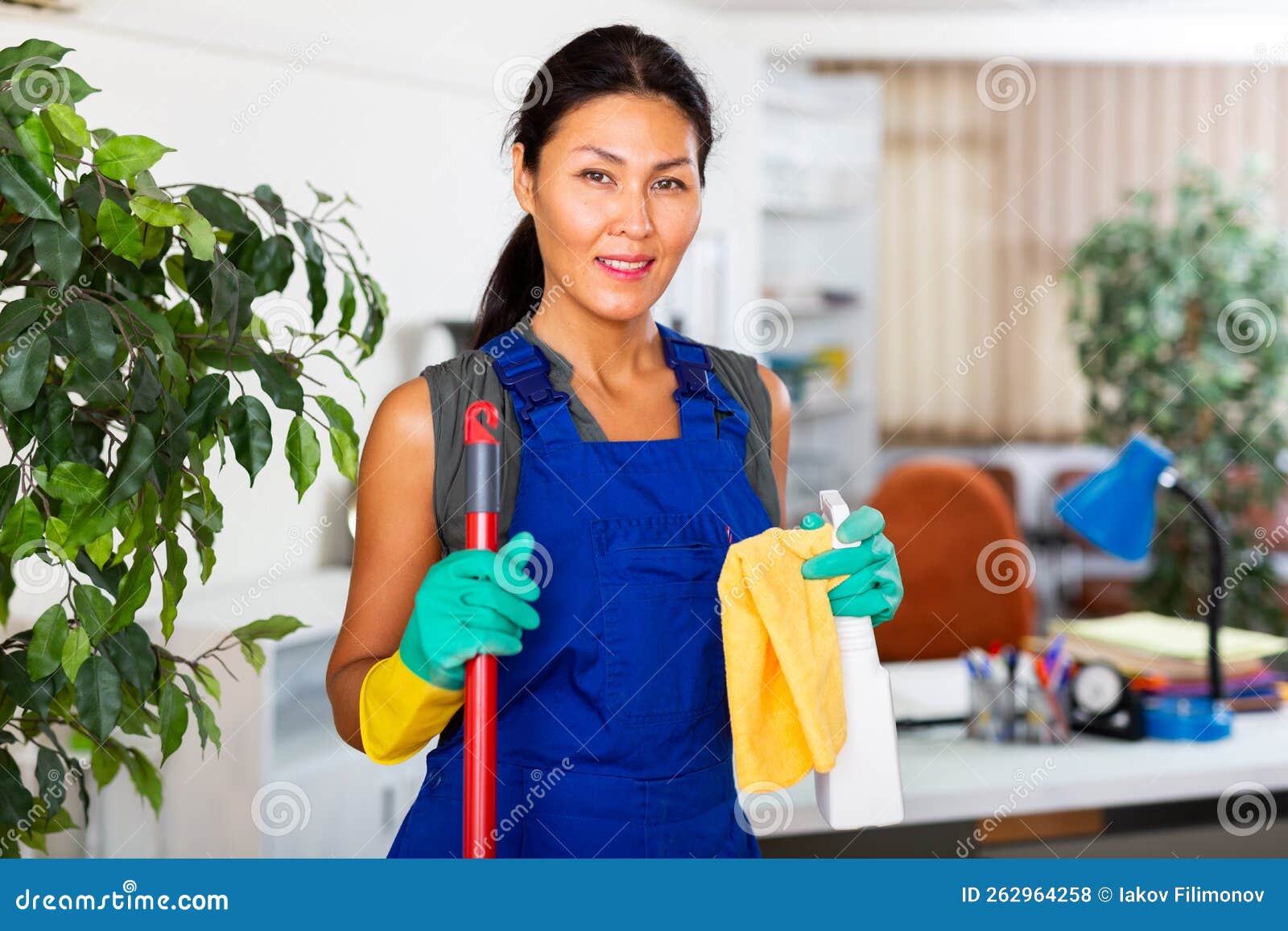 Female Office Cleaner is Satisfied after Cleaning in Office Stock Photo ...