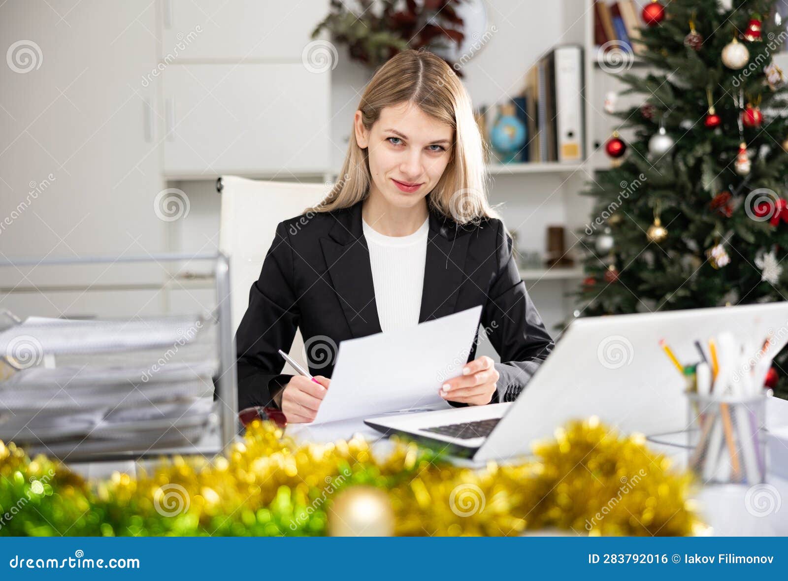 Female Office Worker Doing Paperwork Stock Photo - Image of computer ...