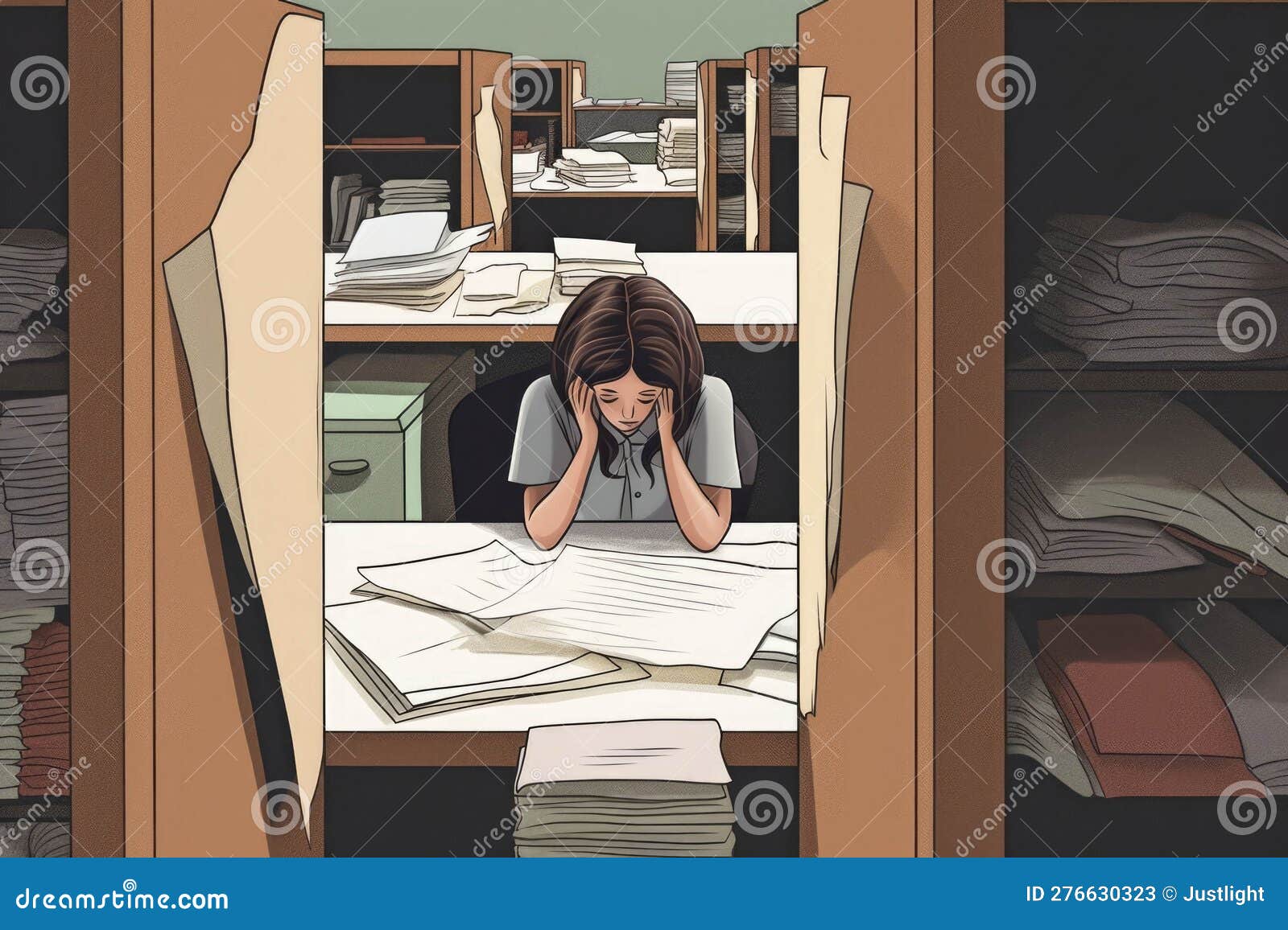 A Female Office Worker Sitting in an Empty Cubicle with Her Head in Her ...